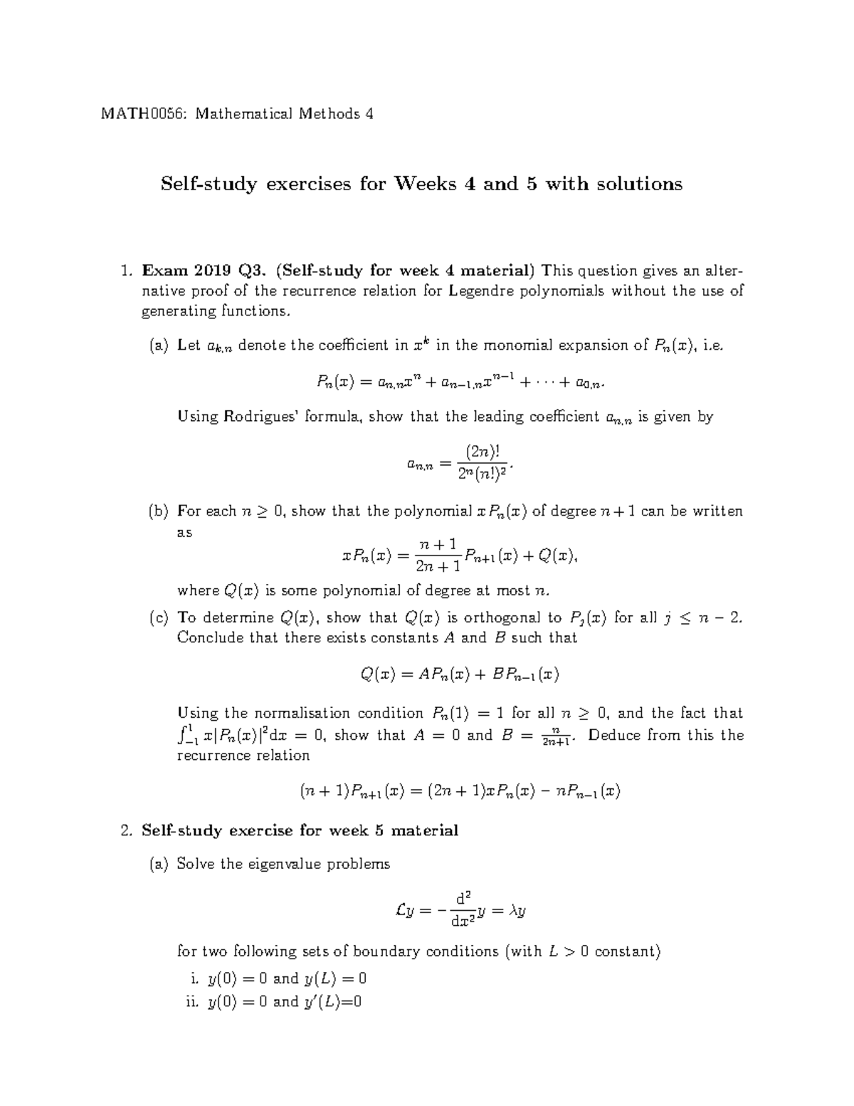 Week4 5 self study - Problems - MATH0056: Mathematical Methods 4 Self ...