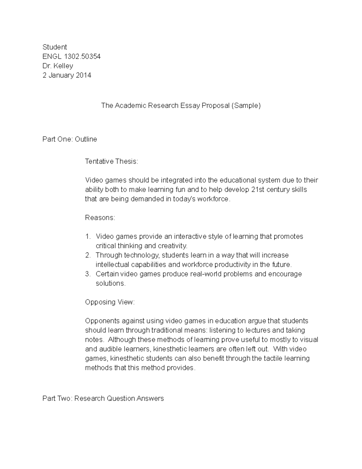 eng1302 Proposal Sample Assignment - Student ENGL 1302. Dr. Kelley 2 ...