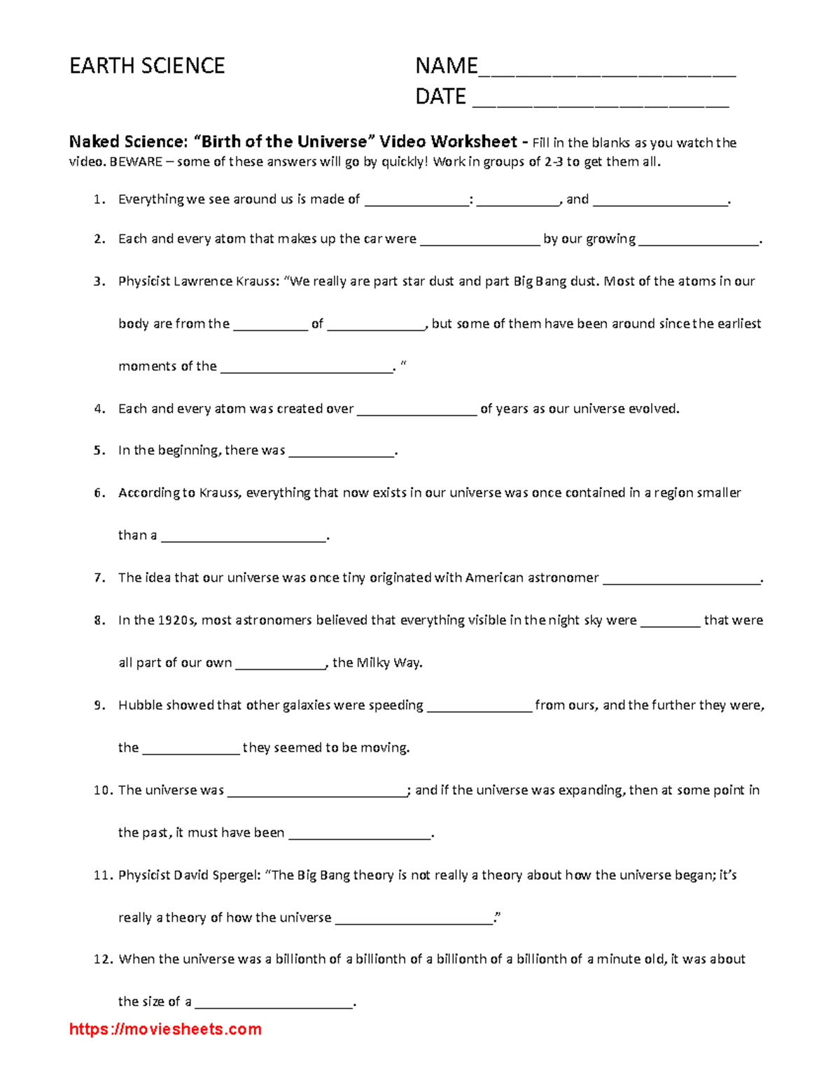 Birth of the Universe video worksheet 2 - EARTH SCIENCE NAME ...