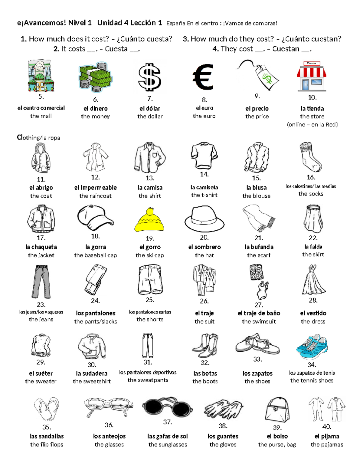 Gsmst 4-1 lista de vocab - e¡Avancemos! Nivel 1 Unidad 4 Lección 1 ...
