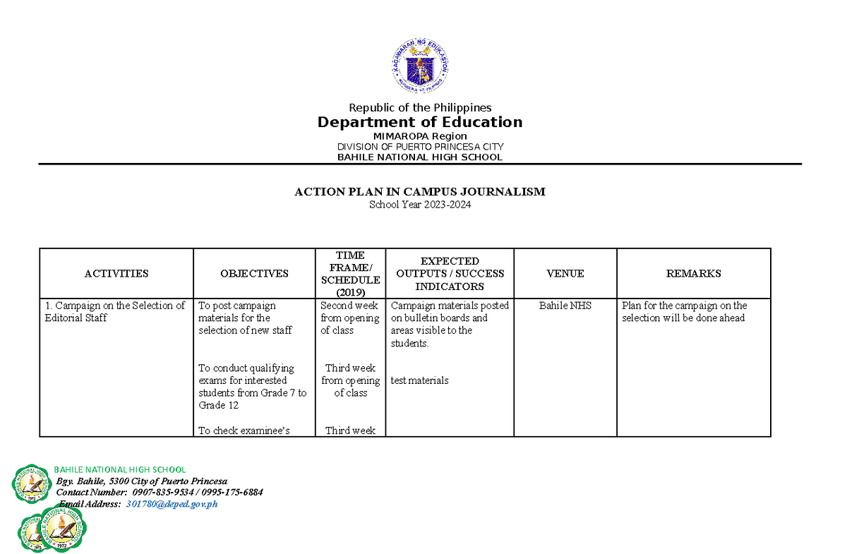Action Plan in Campus Journalism-23-24 - Republic of the Philippines ...