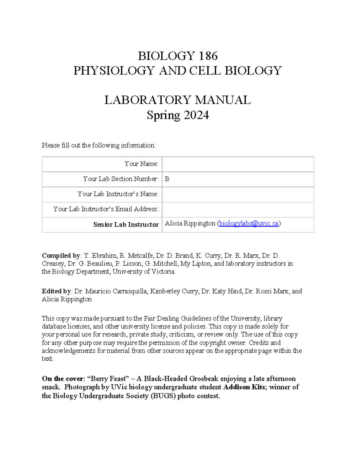 LAB1 Biol186 Spring 2024 - BIOLOGY 186 PHYSIOLOGY AND CELL BIOLOGY LABORATORY MANUAL Spring 2024 ...
