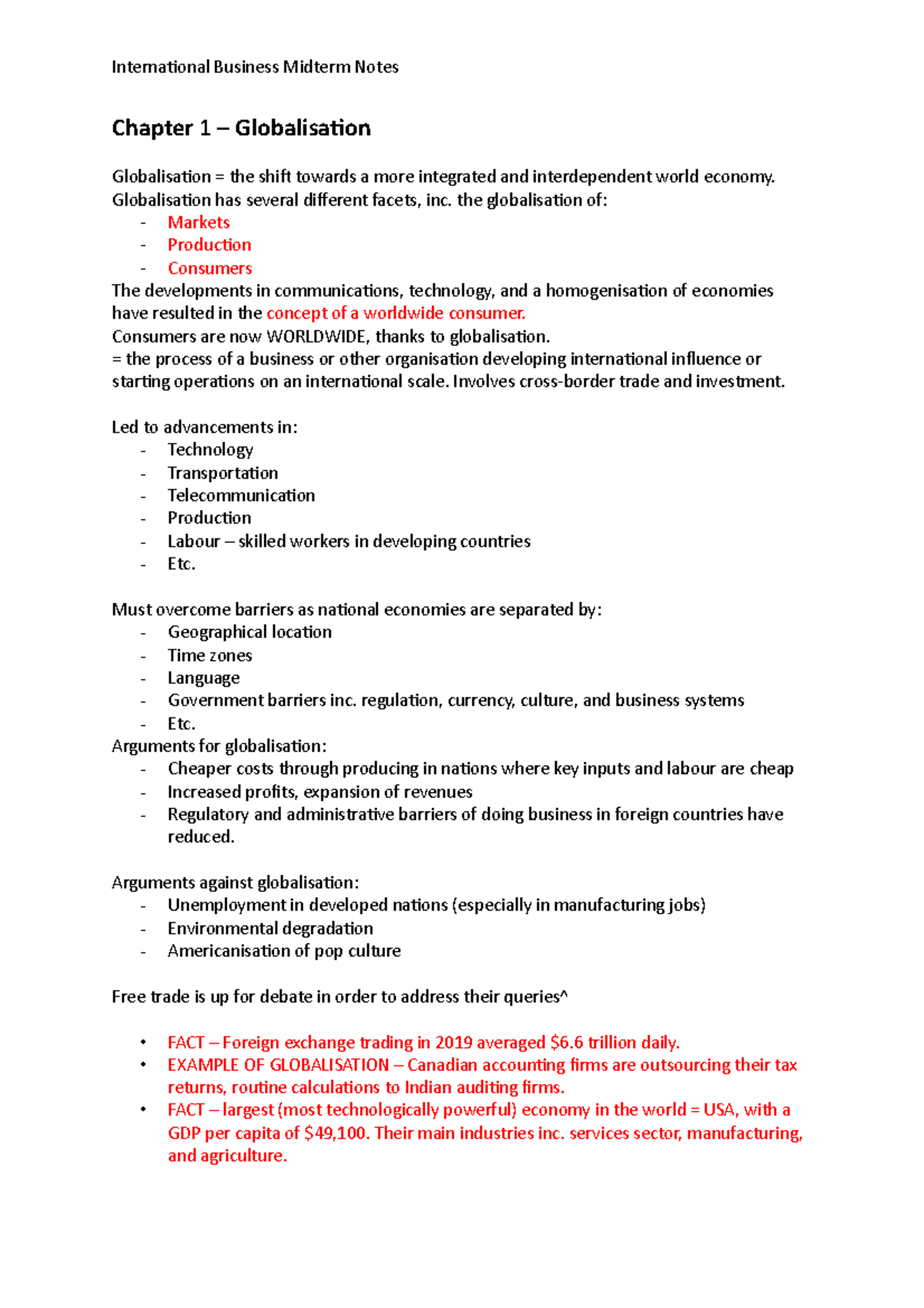 International Business Midterm Notes - Chapter 1 – Globalisation ...