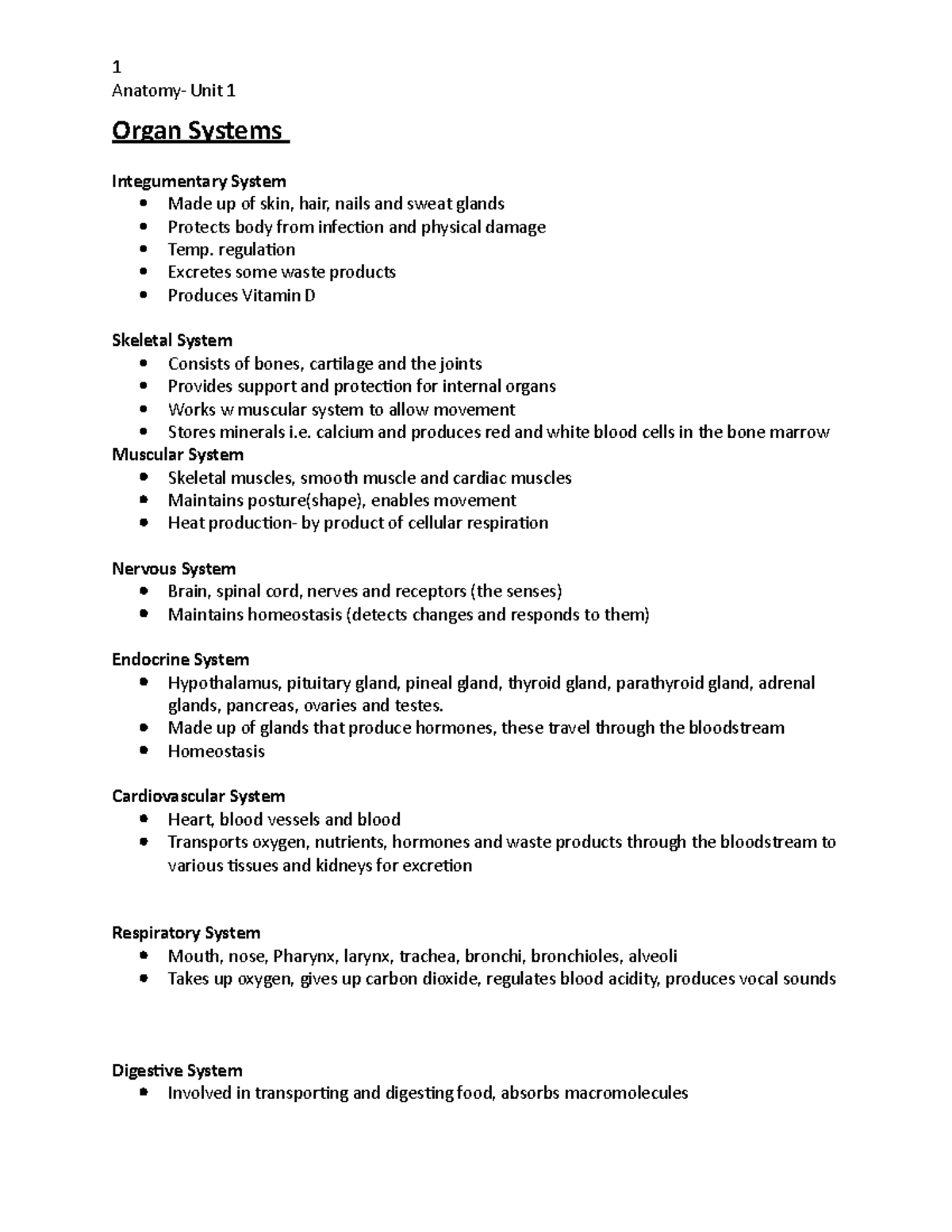 Anatomy- Chapter 1 - Anatomy- Unit 1 Organ Systems Integumentary System ...