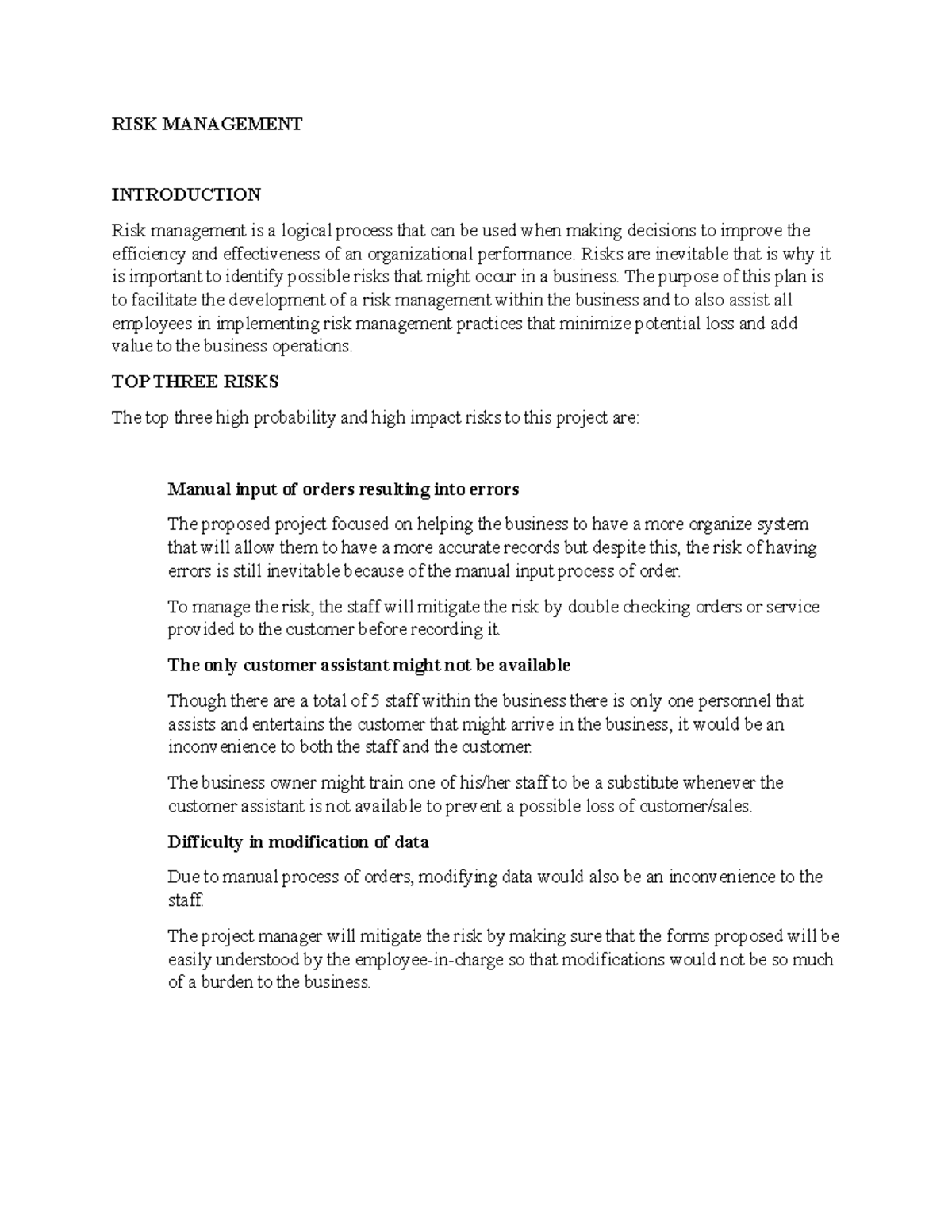 RISK- Management - RISK MANAGEMENT INTRODUCTION Risk management is a ...