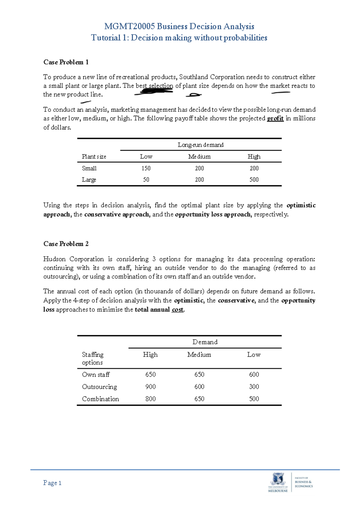 Bdatutorial1 Tute Mgmt20005 Business Decision Analysis Tutorial 1 Decision Making Without