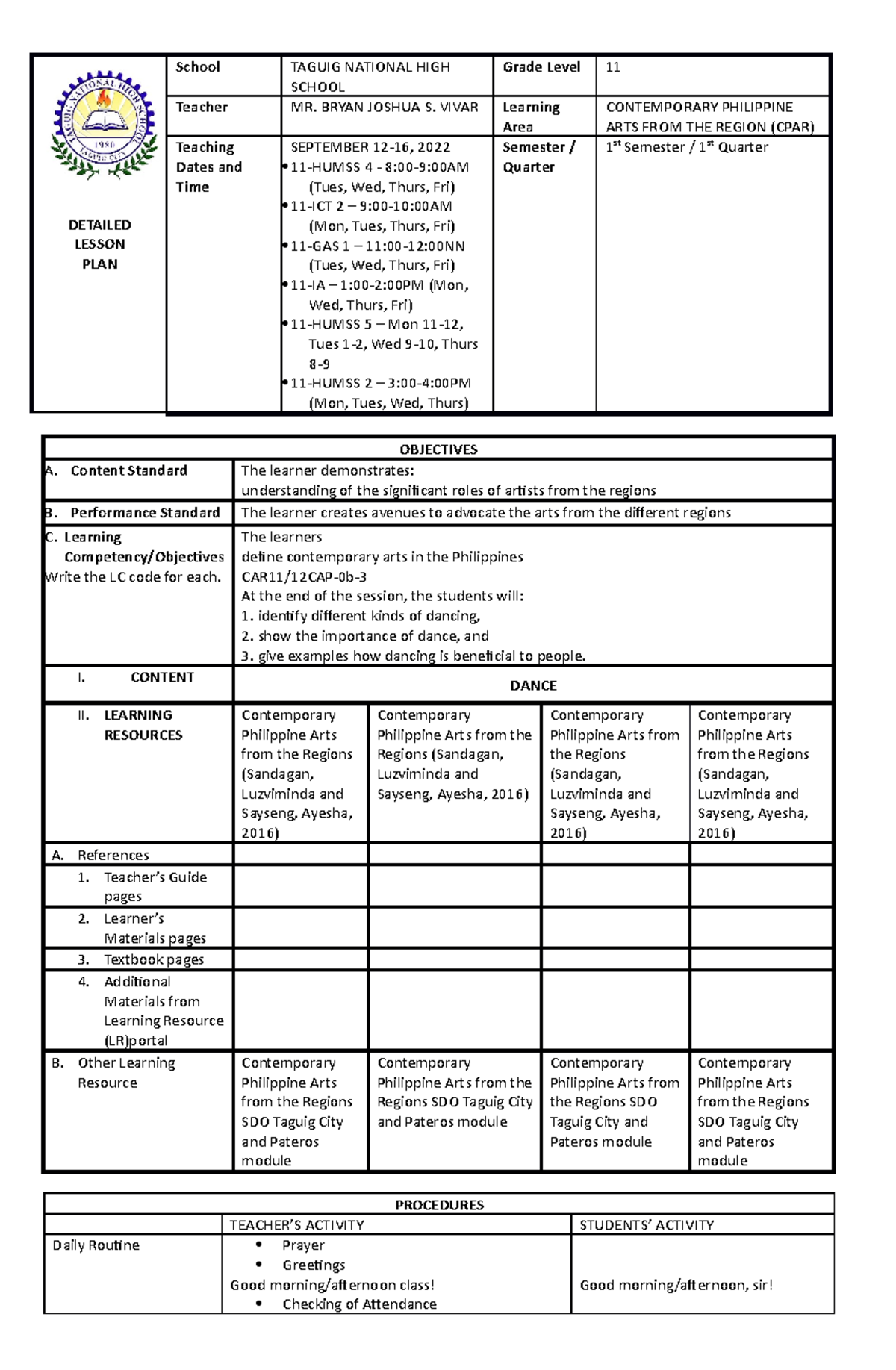 CPAR W4 D2 - cpar lp - DETAILED LESSON PLAN School TAGUIG NATIONAL HIGH SCHOOL Grade Level 11 ...