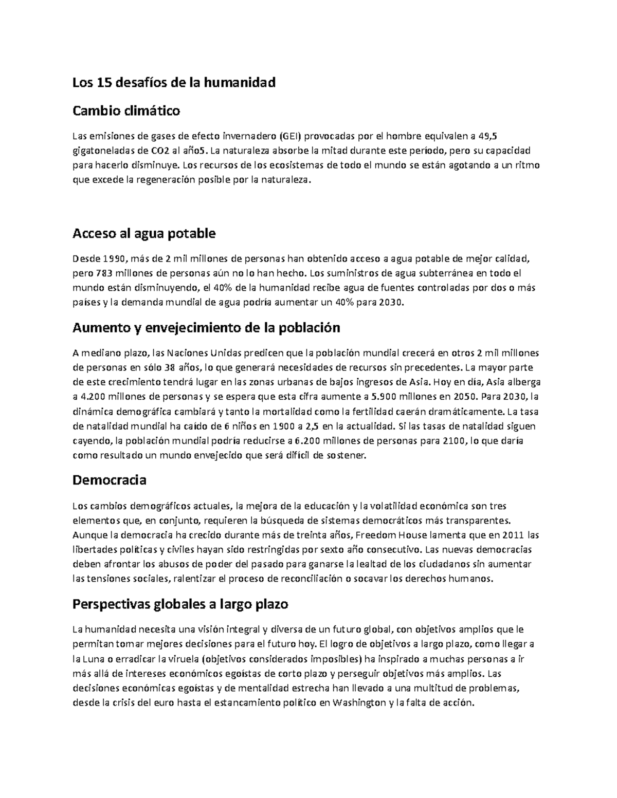 15 desafios mundiales - Es un resumen - Los 15 desafíos de la humanidad ...