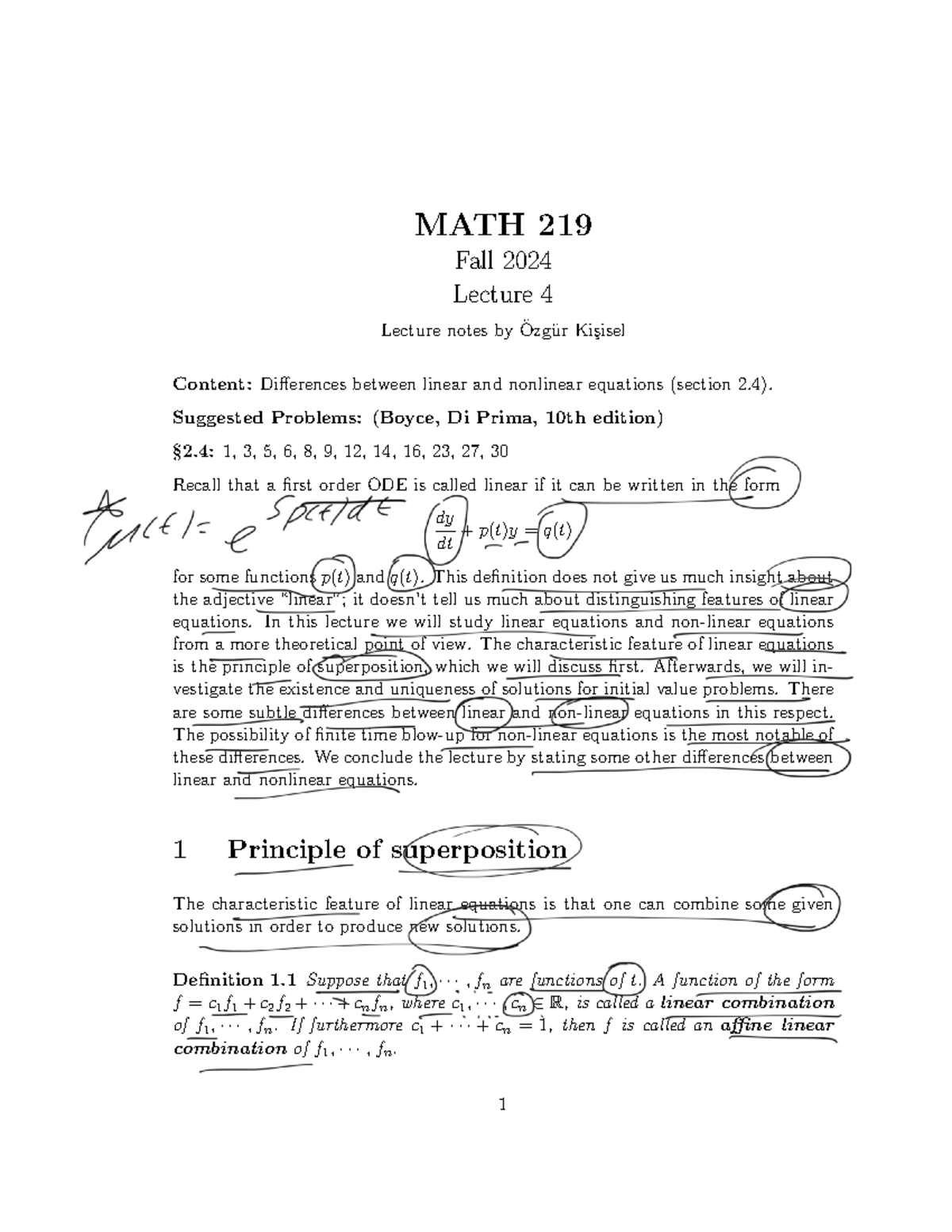 MATH219 Lecture 4 - MATH 219 Fall 2024 Lecture 4 Lecture notes by ̈Ozg ...