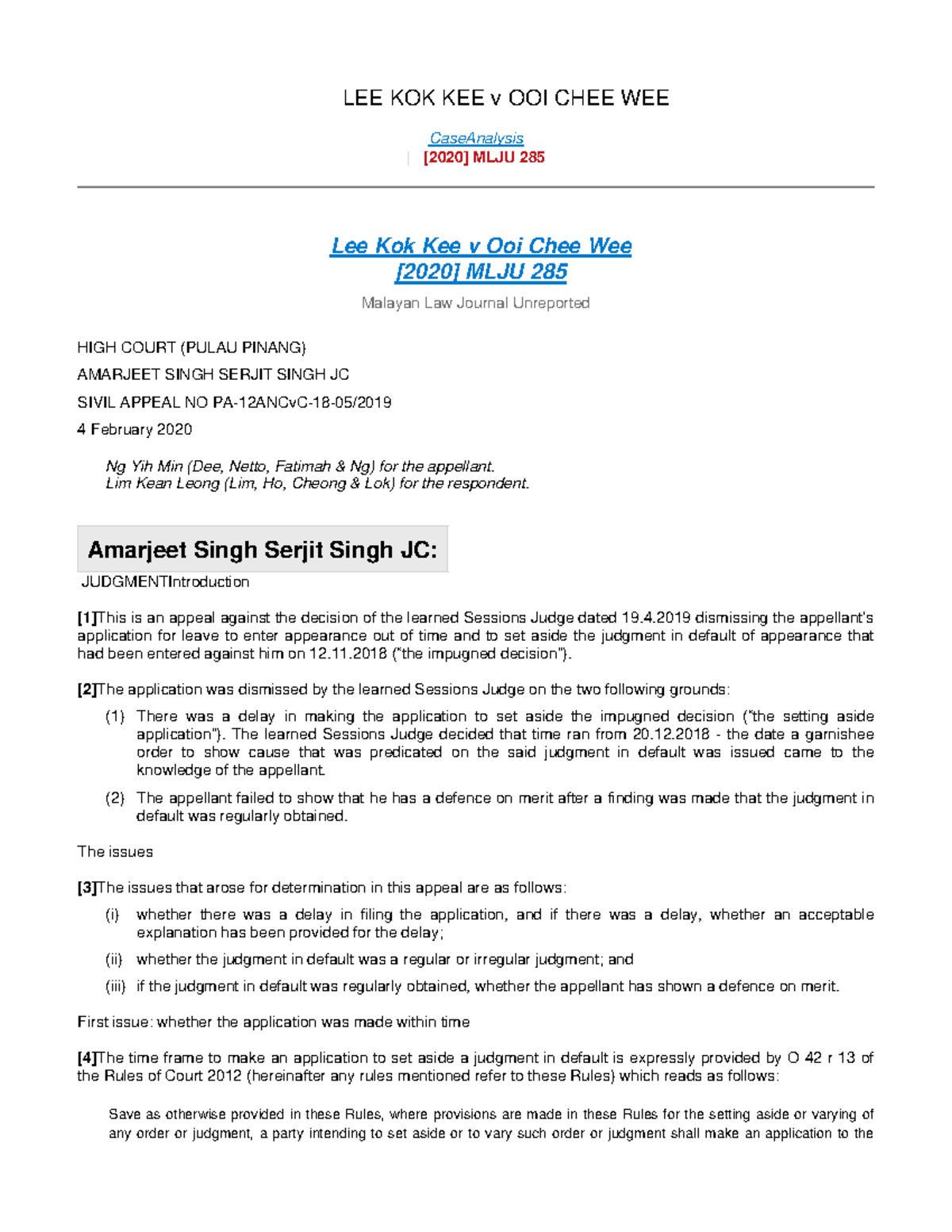 Lee Kok Kee v Ooi Chee Wee - Civil Procedure I - MMU - Studocu