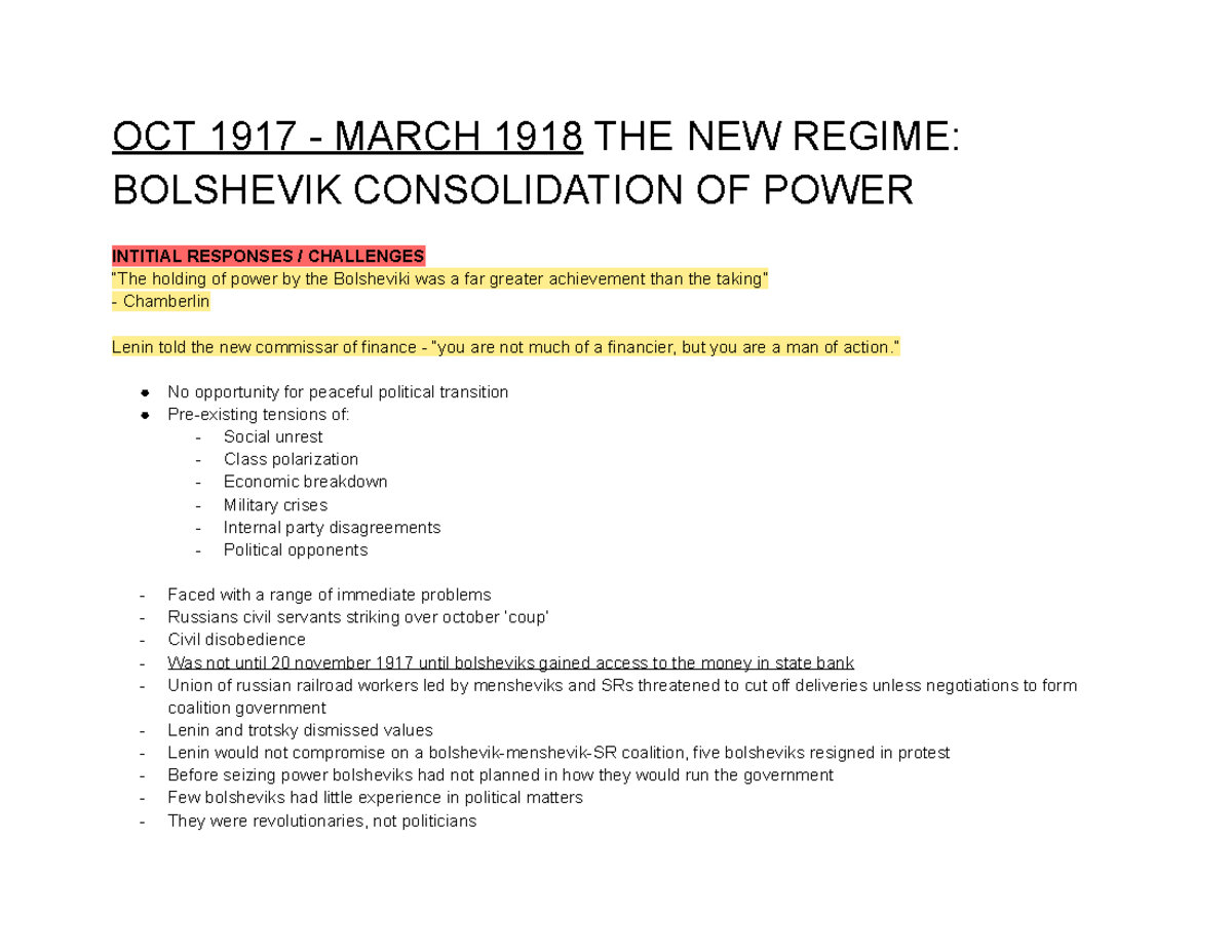 Russia aos 2 notes - OCT 1917 - MARCH 1918 THE NEW REGIME: BOLSHEVIK ...