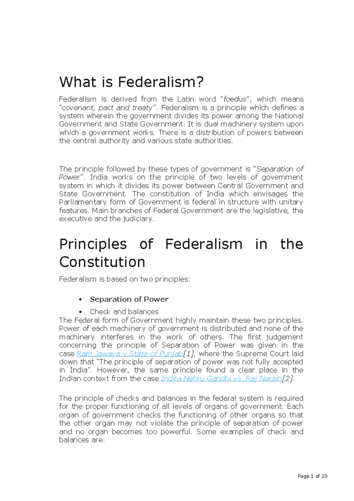 Fedaralism Notes - What is Federalism? Federalism is derived from the ...