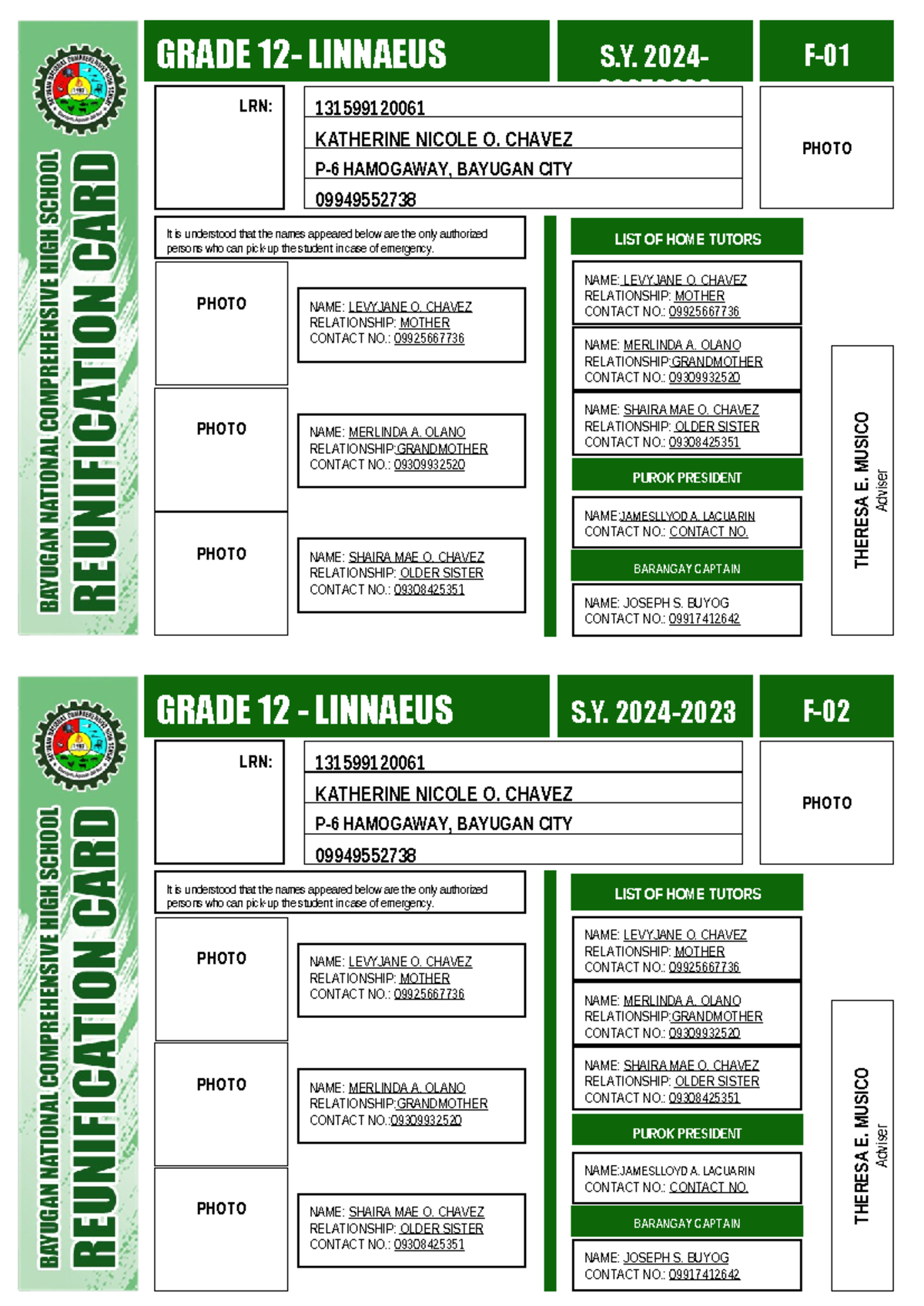 Reunification Card Female - GRADE 12- LINNAEUS S. 2024- 20252023 F- LRN ...