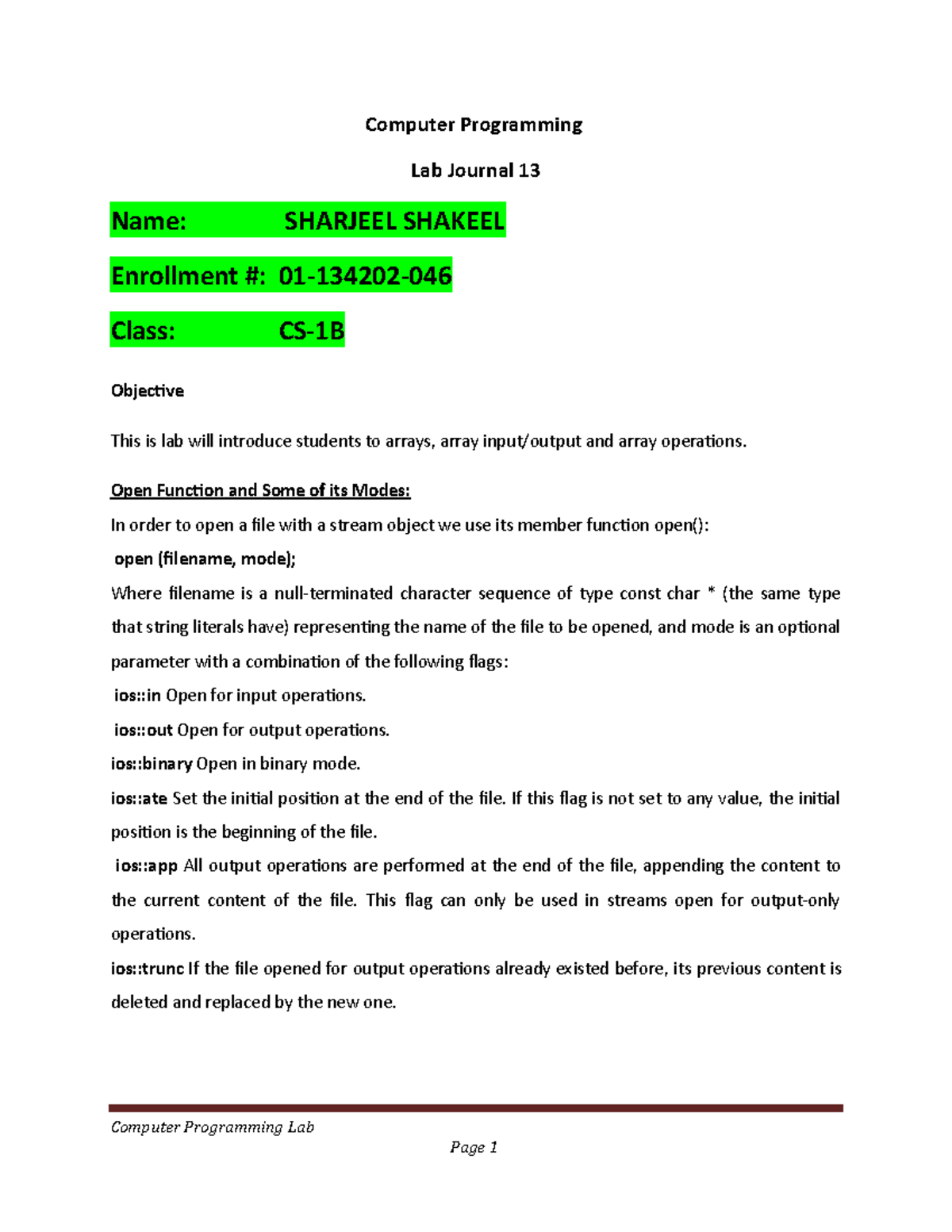 Assignment no 13 - Computer Programming Lab Journal 13 Name: SHARJEEL ...