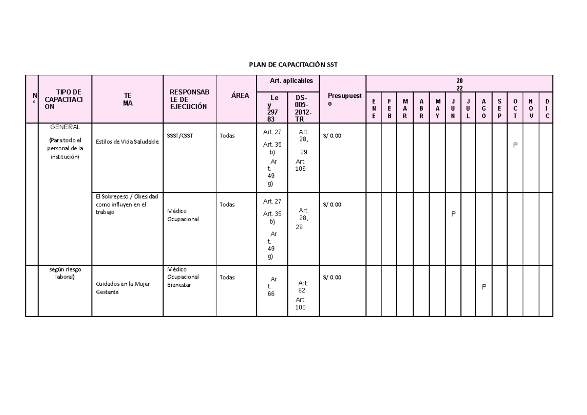 Resumen PLAN DE Capacitación SST 2023 - PLAN DE CAPACITACIÓN SST N º TIPO DE CAPACITACI ON TE MA ...