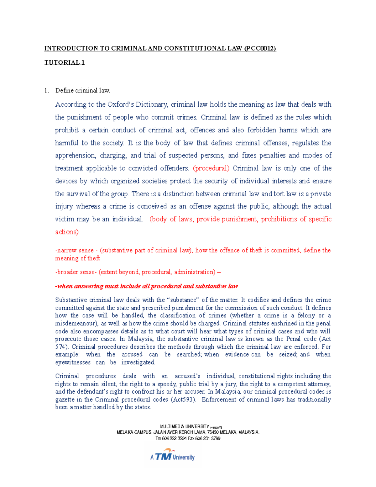 Tutorial 1 Defenses (Criminal law) - INTRODUCTION TO CRIMINAL AND ...