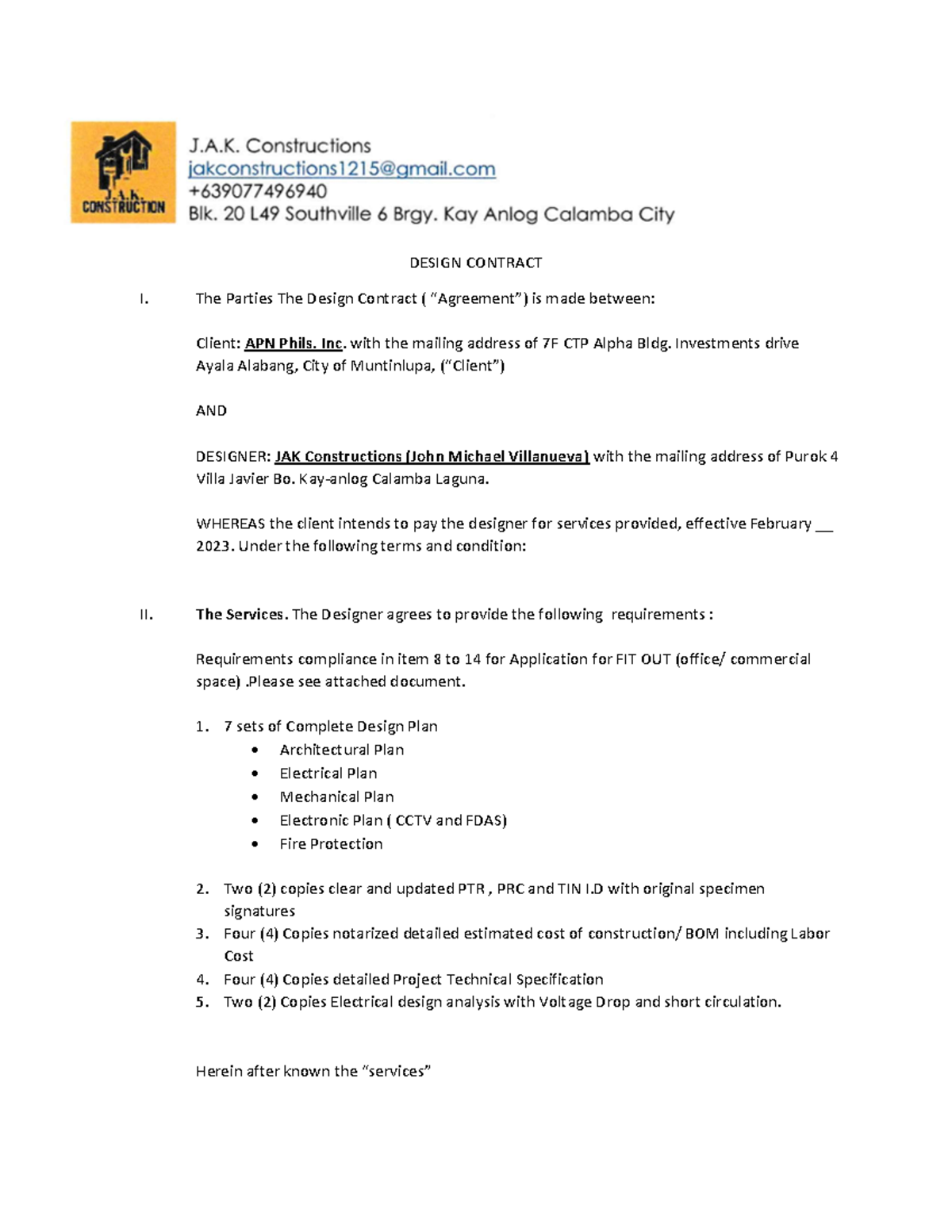 Contract ( JM) - DESIGN CONTRACT I. The Parties The Design Contract ...