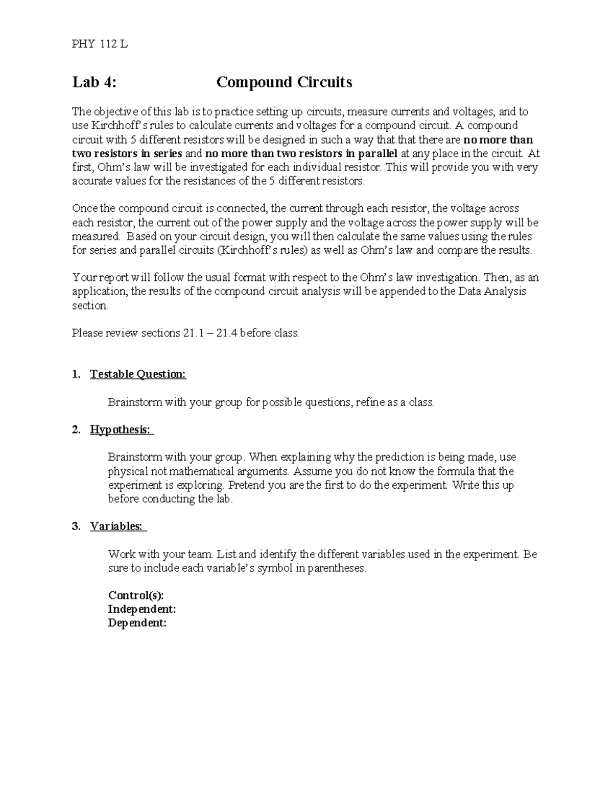 Phy112l Lab04 Compound Circuits 3 - Lab 4: Compound Circuits The ...
