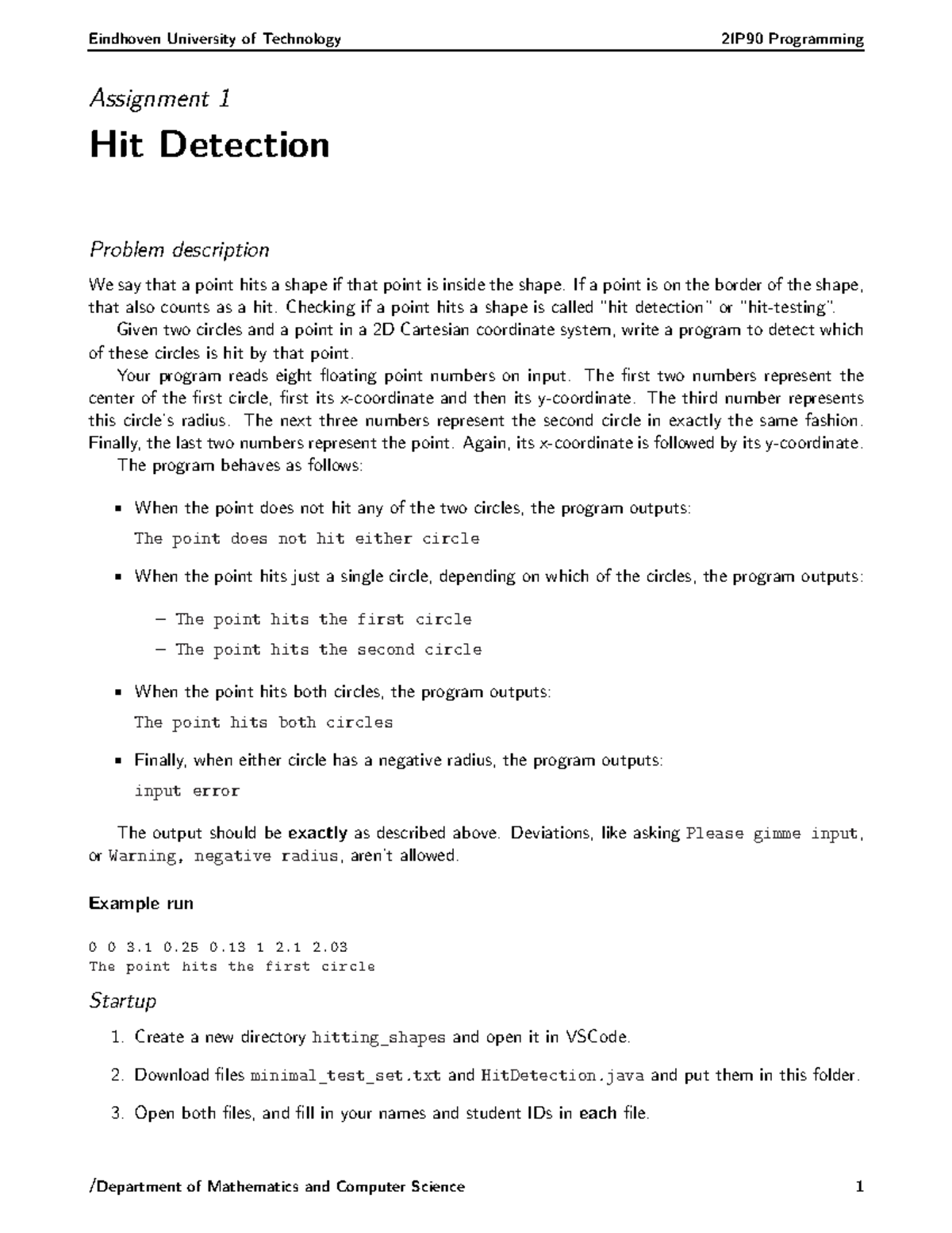 Assignment 1 Hit Detection Eindhoven University Of Technology 2ip90 Programming Assignment 1
