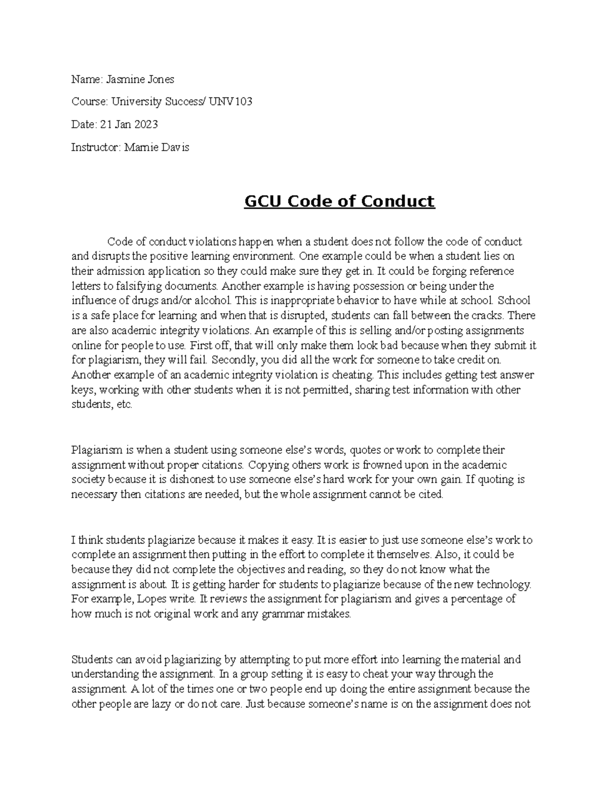 Reflection Gcu Code Of Conduct Completed Name Jasmine Jones Course University Success Unv