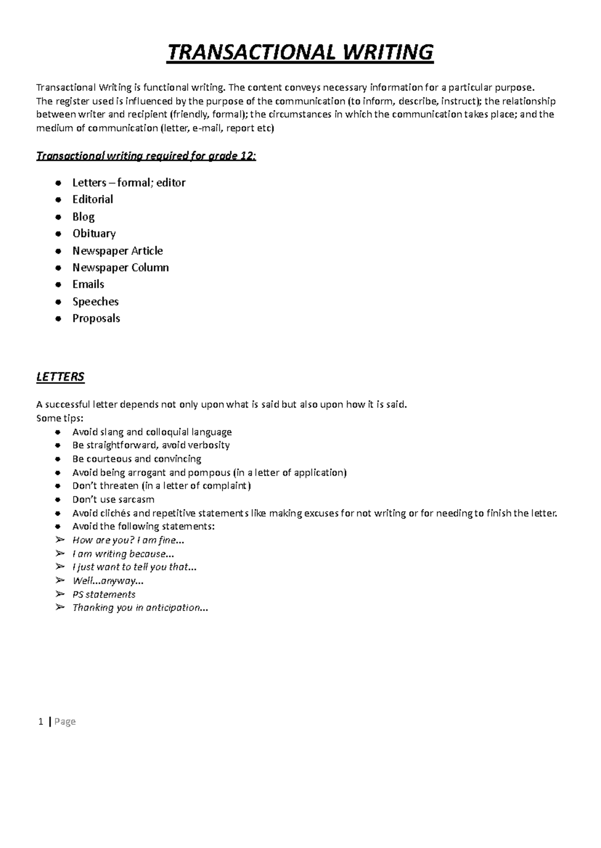 Transactional Writing Notes Transactional Writing Transactional