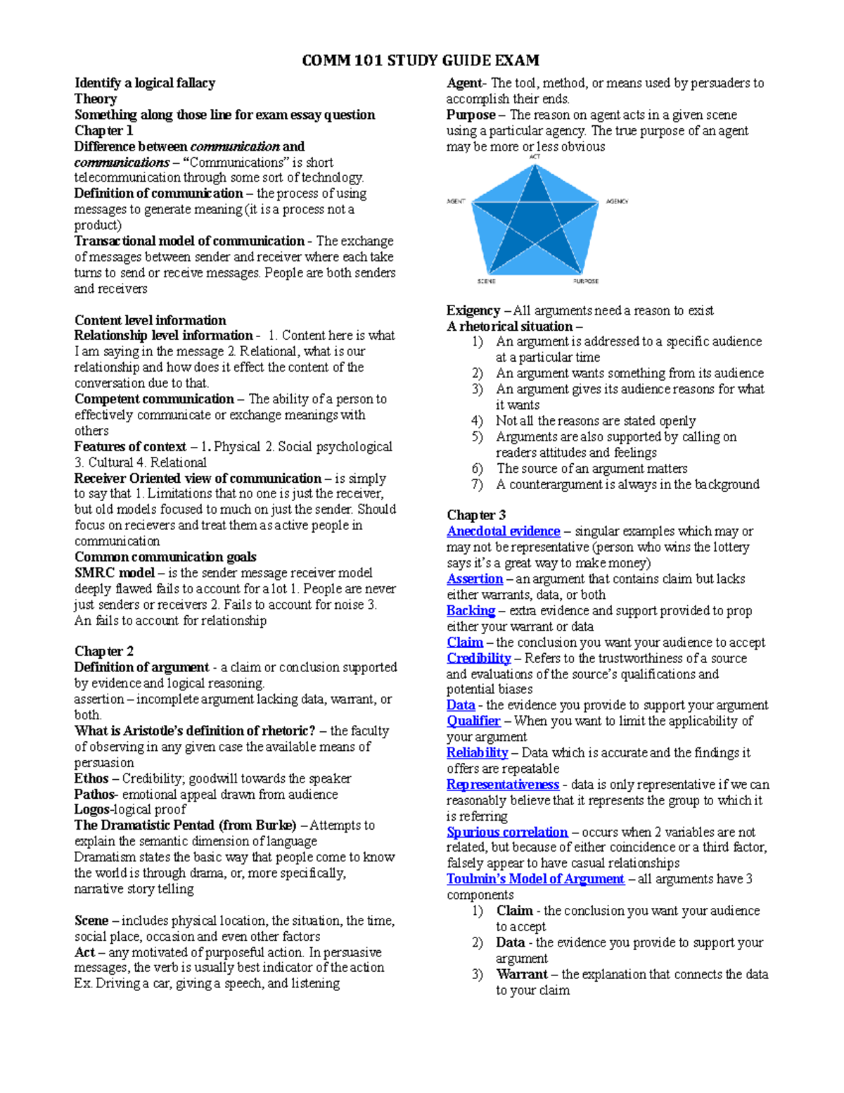 Study Guide Exam 1 Spring 2018 - COMM 101 STUDY GUIDE EXAM Identify a ...