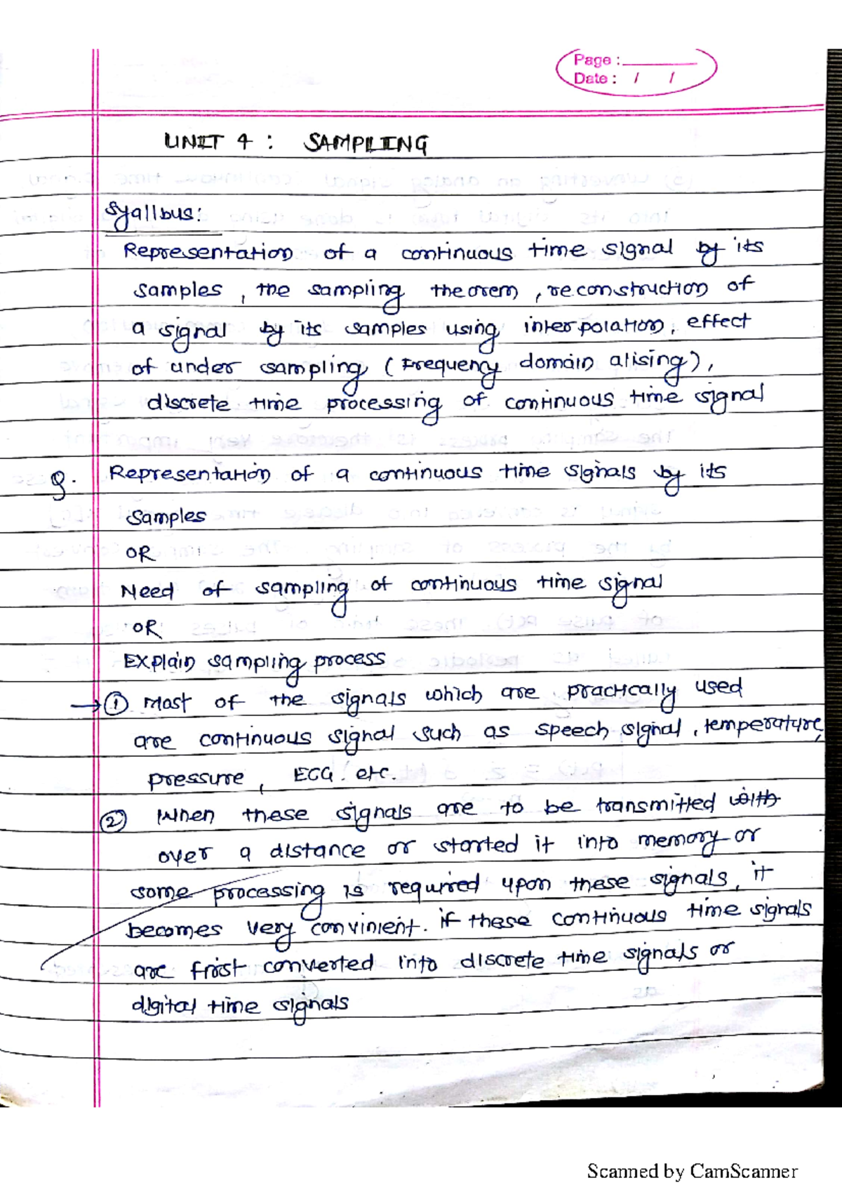Unit 4 Sampling Theorem Page Date Unit 4 Sampling Syallbus Representation Of A Continuous