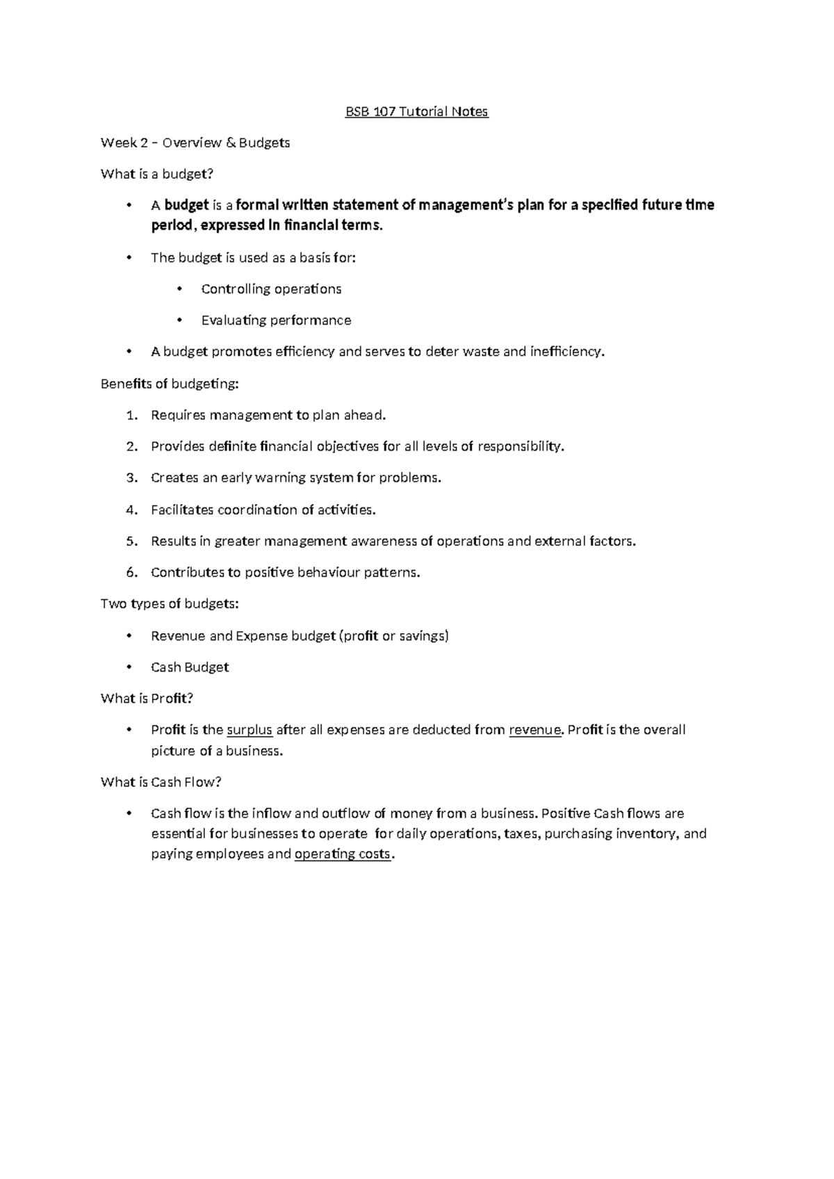 BSB 107 Week 2 Tutorial Notes: Overview & Budgets - BSB 107 Tutorial ...
