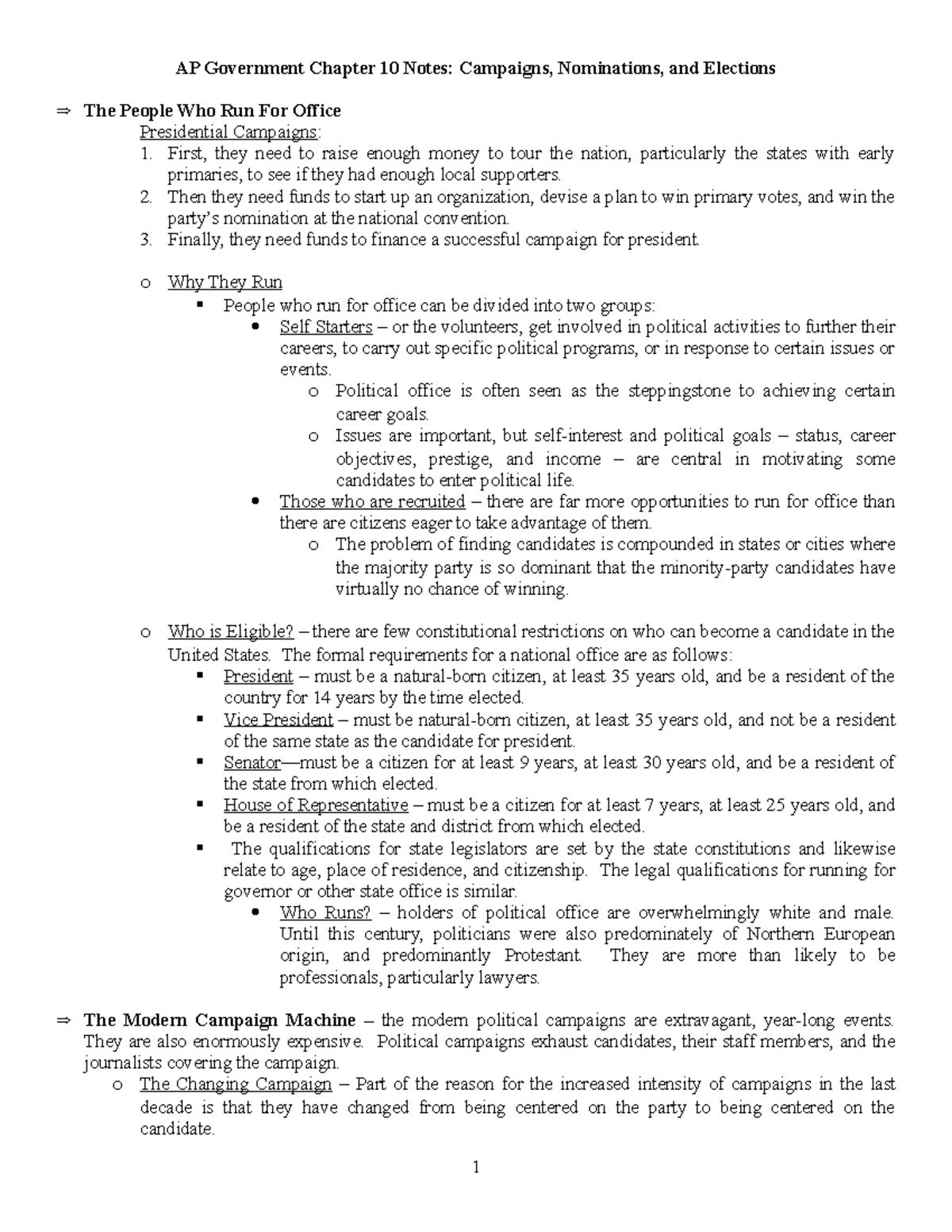 Apgovernmentchapter 10notes - AP Government Chapter 10 Notes: Campaigns ...