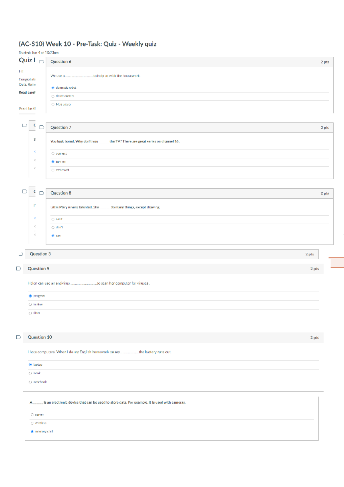 Week 10 - Pre-Task - (AC-S10) Week 10 - Pre-Task: Quiz - Weekly quiz ...