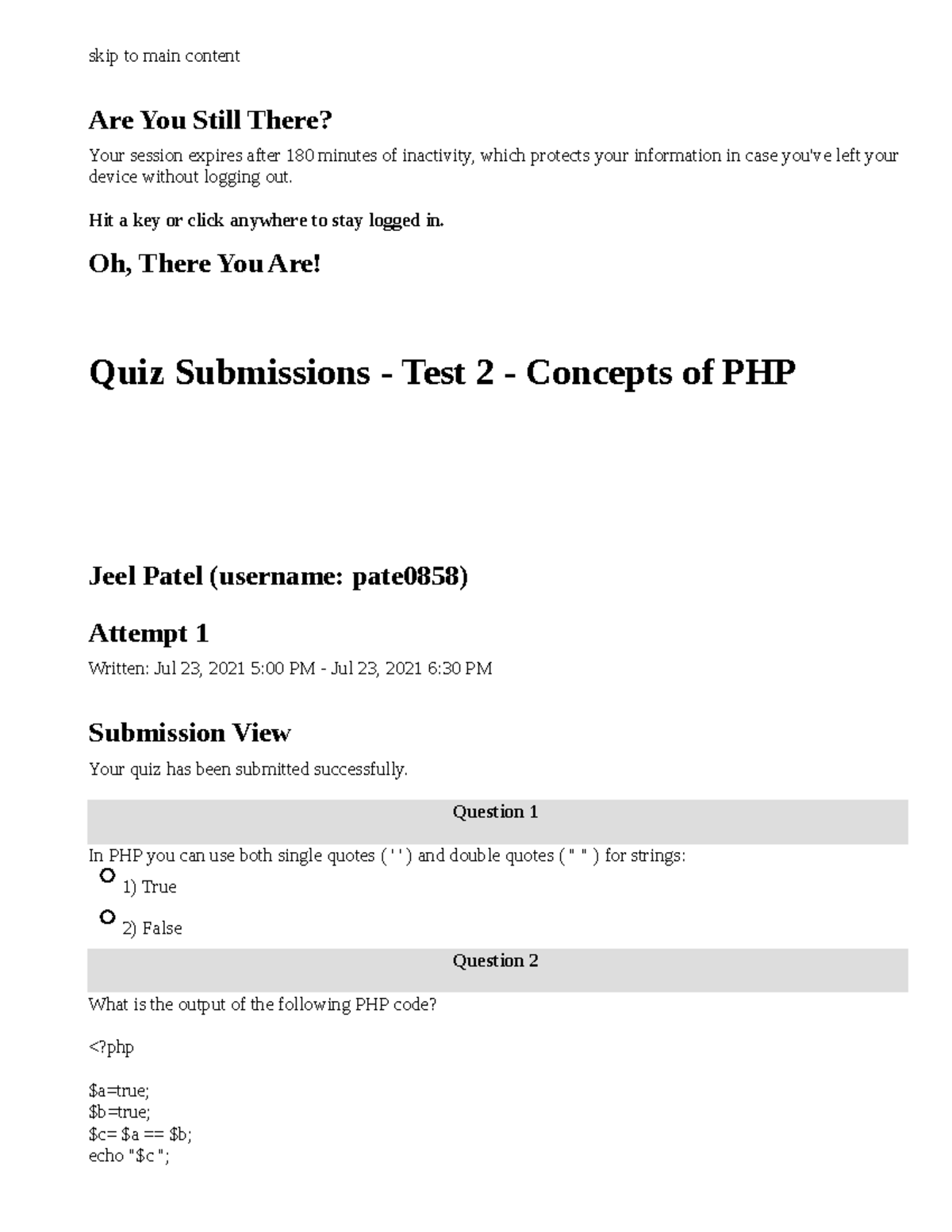 Quiz Submissions Test 2 Concepts of PHP 21S CST8238 350 Web Programming ...