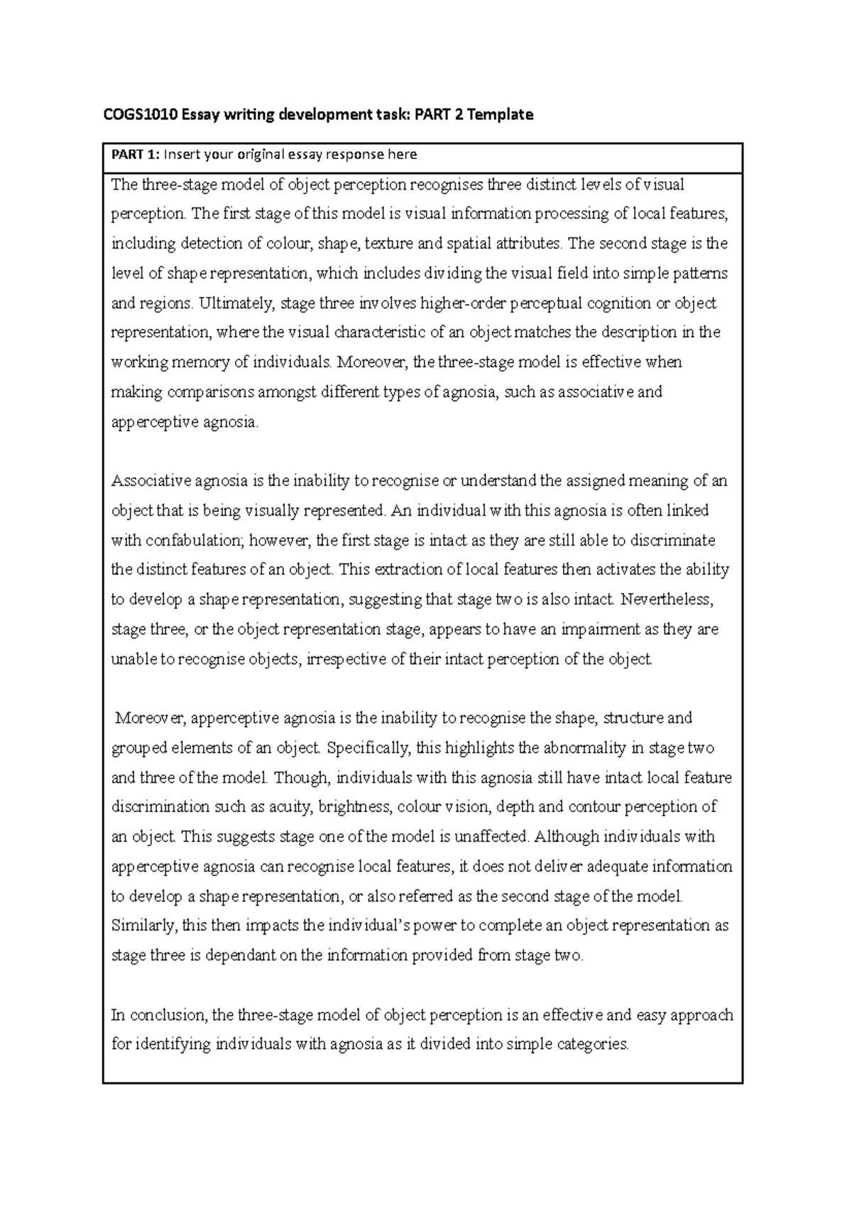 Part 2 Template Essay writing development task - COGS1010 Essay writing development task: PART 2 ...