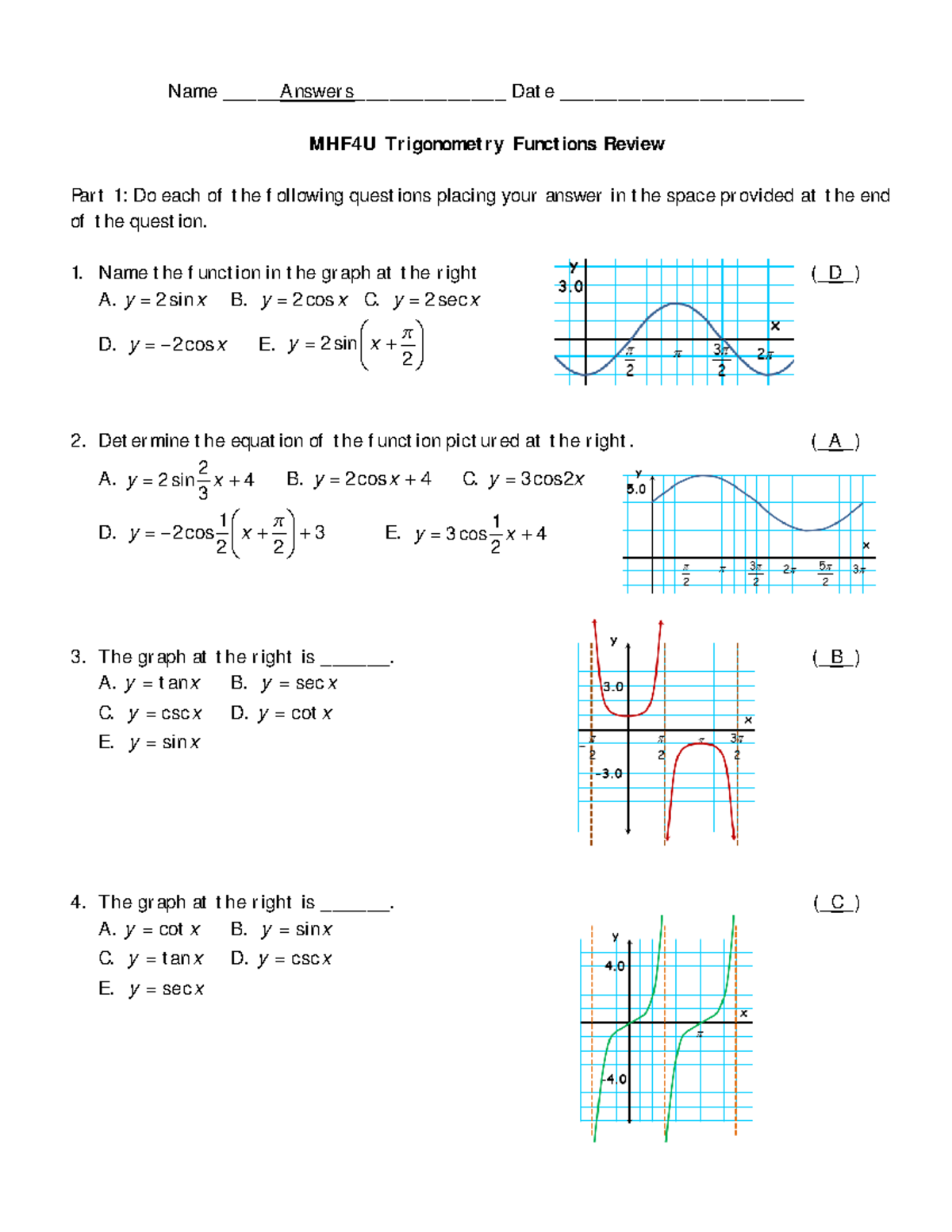 MHF4U Unit 5 Trigonometric Functions Review Answers - Name Answers ...