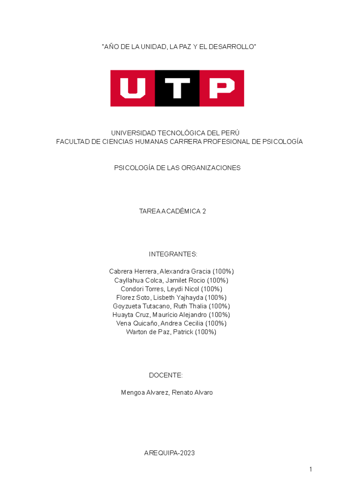 Psicología DE LAS Organizaciones - TA2-2 - “AÑO DE LA UNIDAD, LA PAZ Y EL DESARROLLO ...