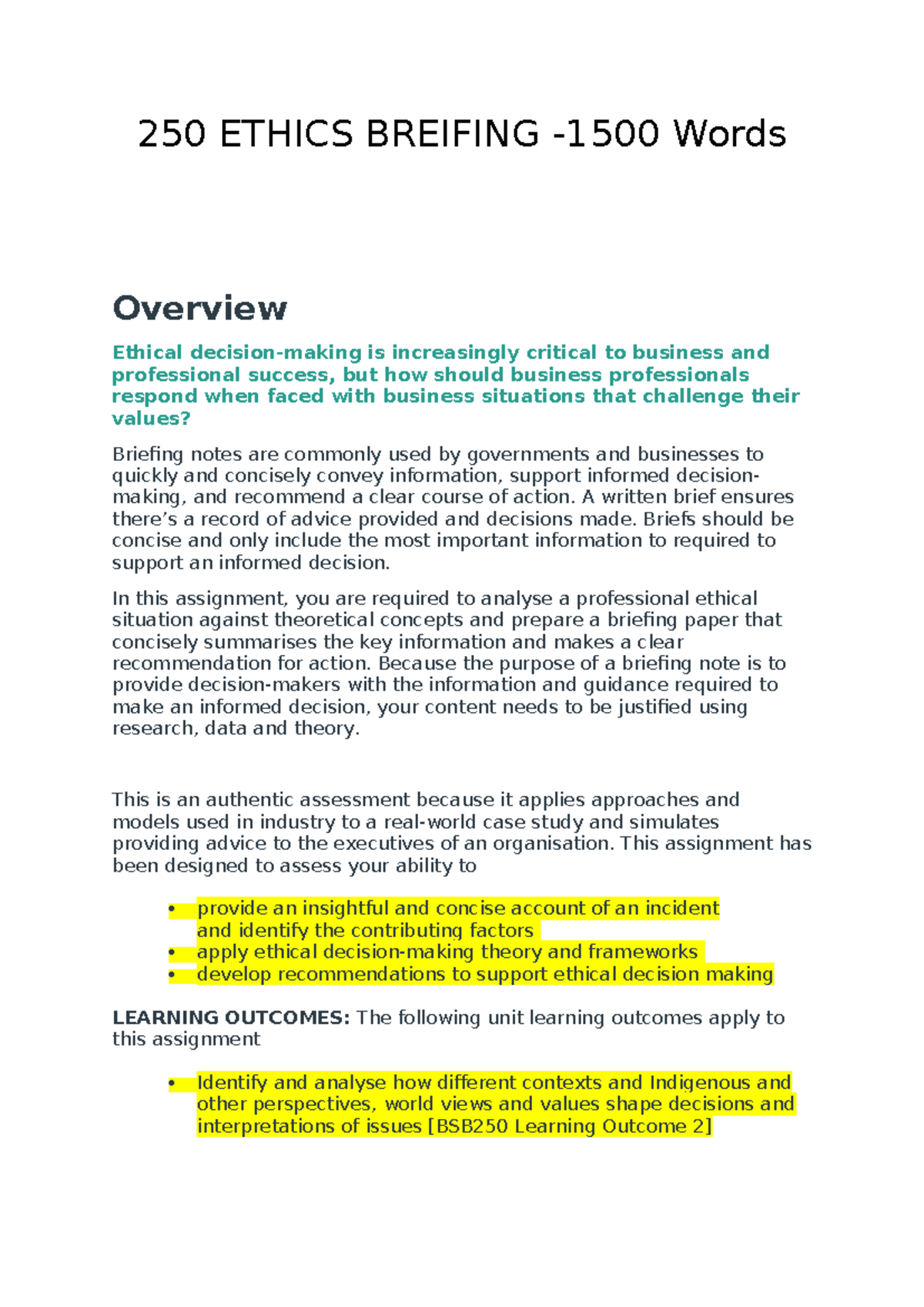 250 Ethics Breifing - Assessment 1 Briefing Paper - 250 ETHICS BREIFING ...