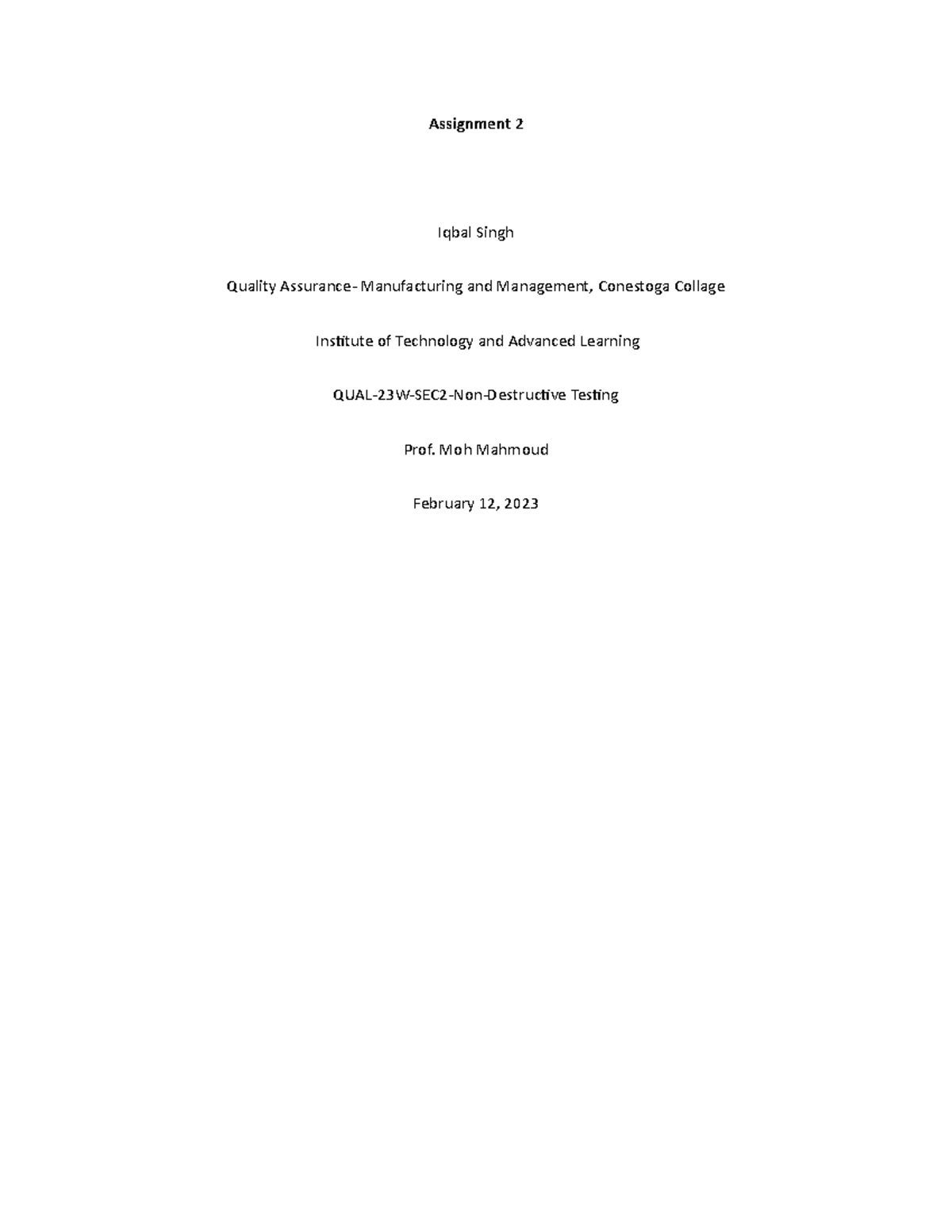 Ndt assignment 2 - Assignment 2 Iqbal Singh Quality Assurance ...