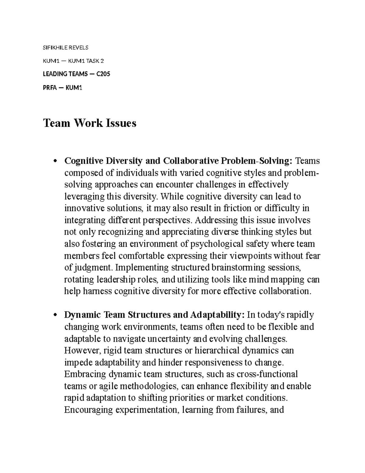 Teamwork issues - Summary Reading and Learning - SIFIKHILE REVELS KUM1 ...