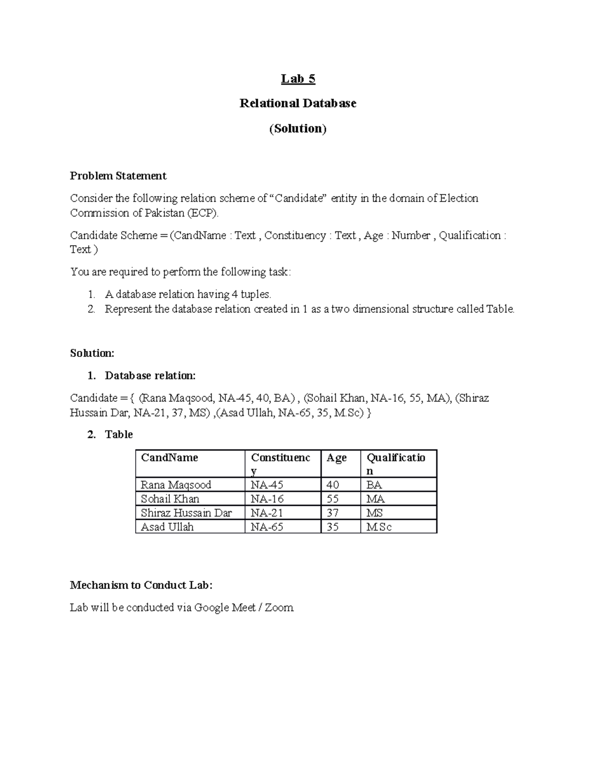 Lab 5 Relational Database Solution Lab 5 Relational Database Solution Problem Statement