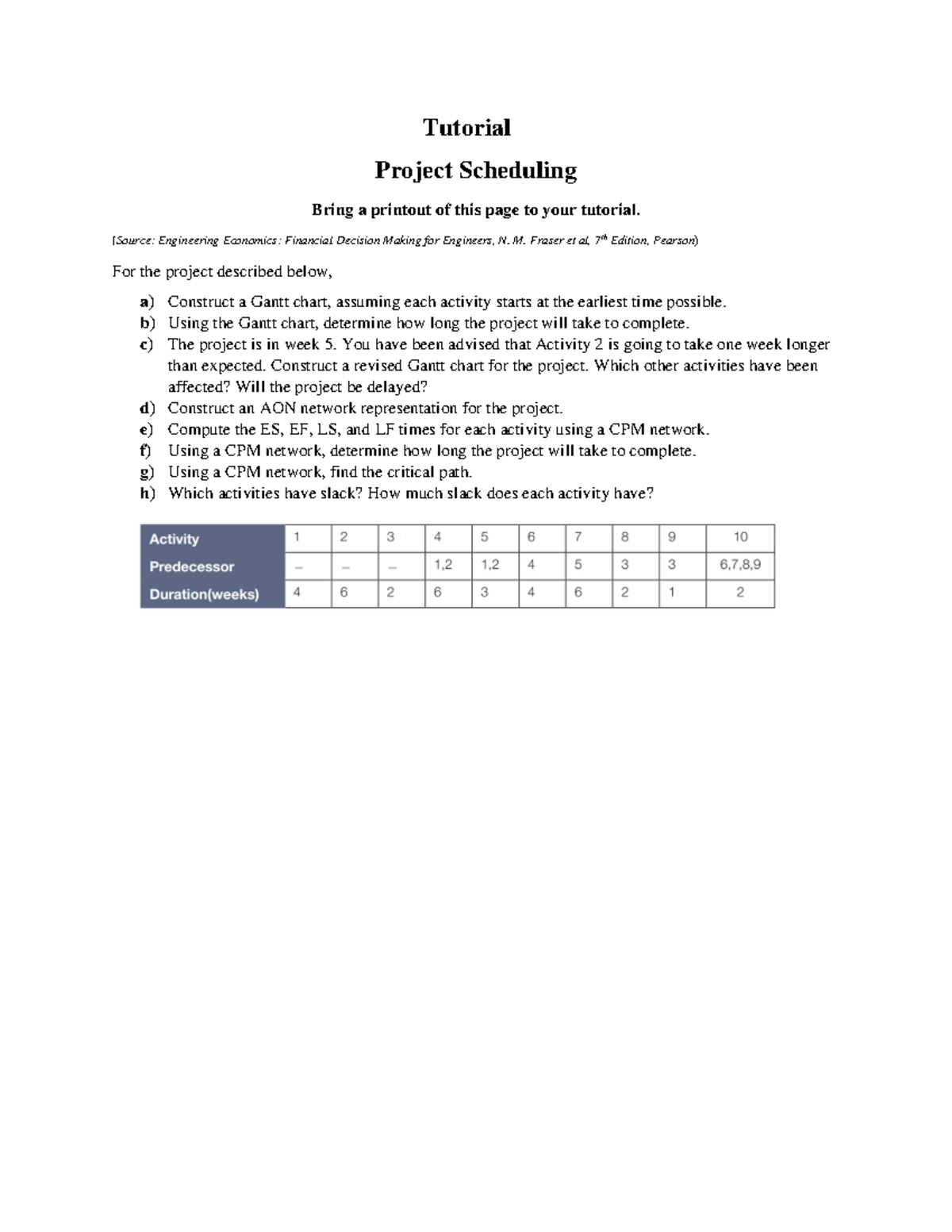 Tutorial 5 - Tutorial 3 Project Scheduling Bring a printout of this ...