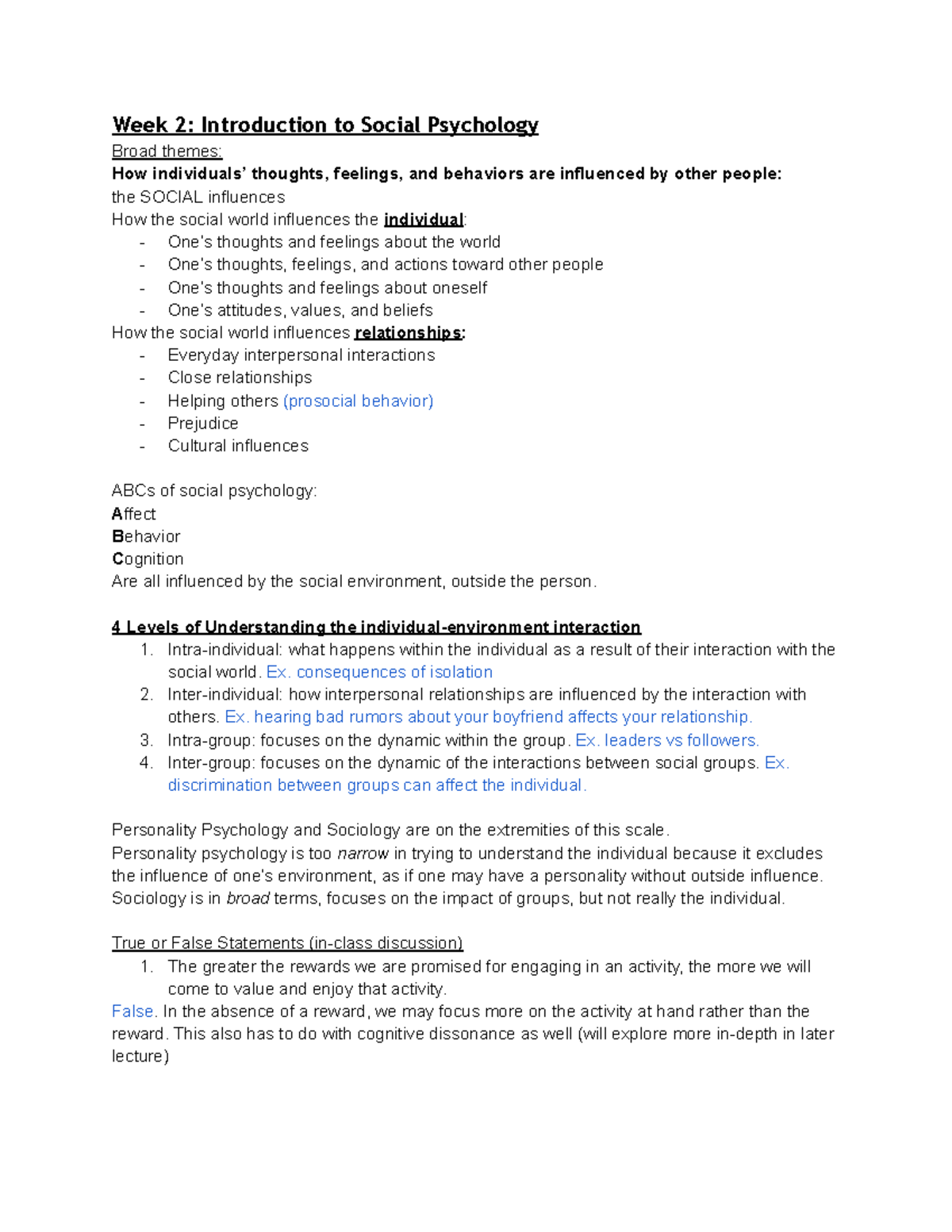 Lecture notes for lesson 1 - Week 2: Introduction to Social Psychology ...