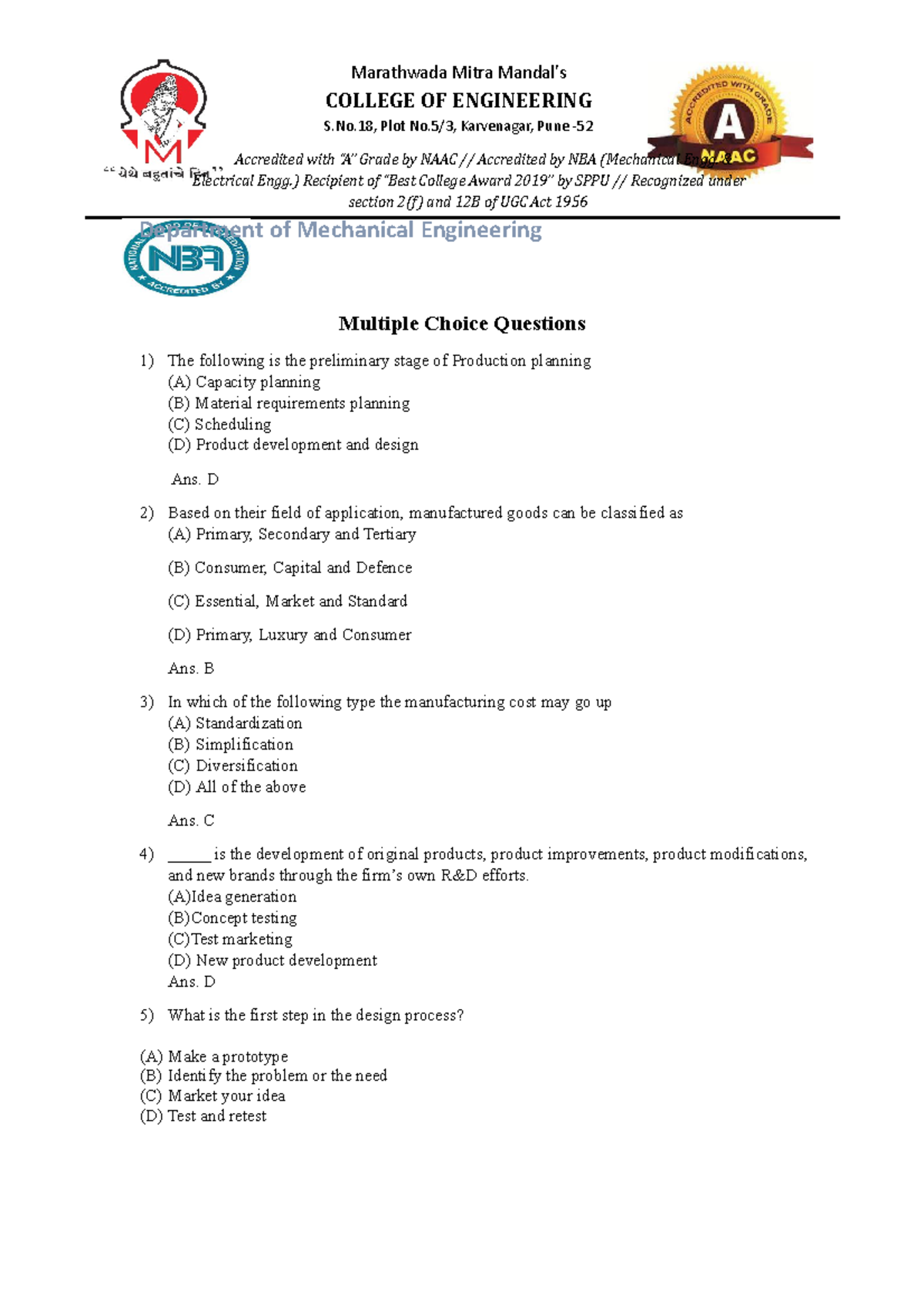 Mcq Unit 1 Pdd Mcq On Pdd Unit 1 College Of Engineering Sno Plot No3 Karvenagar Pune