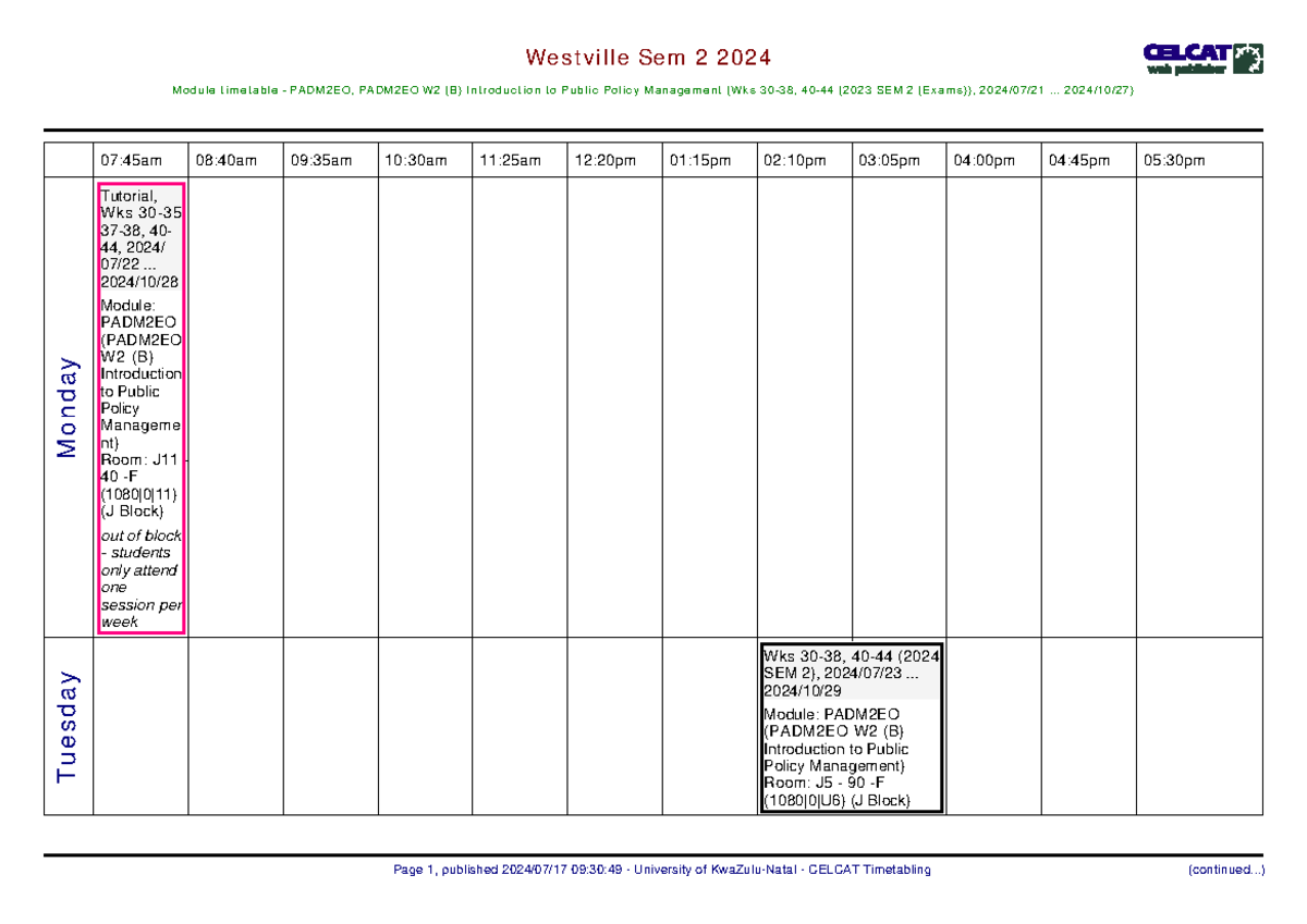 Pad2eo B Lecture And Tutorial With Notes And Schedule And Timetable Ukzn Westville Sem 2 2024
