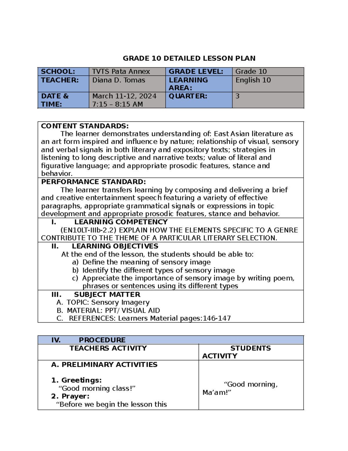 DLP 10 Elements - SAMPLE LESSON PLAN - GRADE 10 DETAILED LESSON PLAN ...
