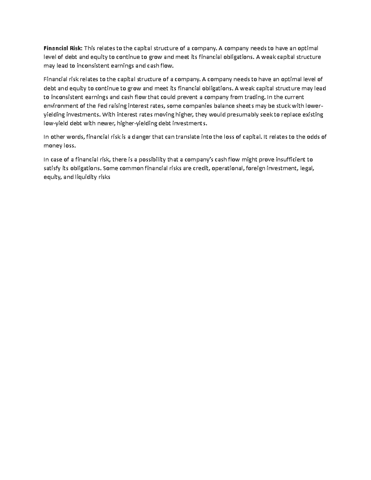 Financial Risk - A company needs to have an optimal level of debt and ...