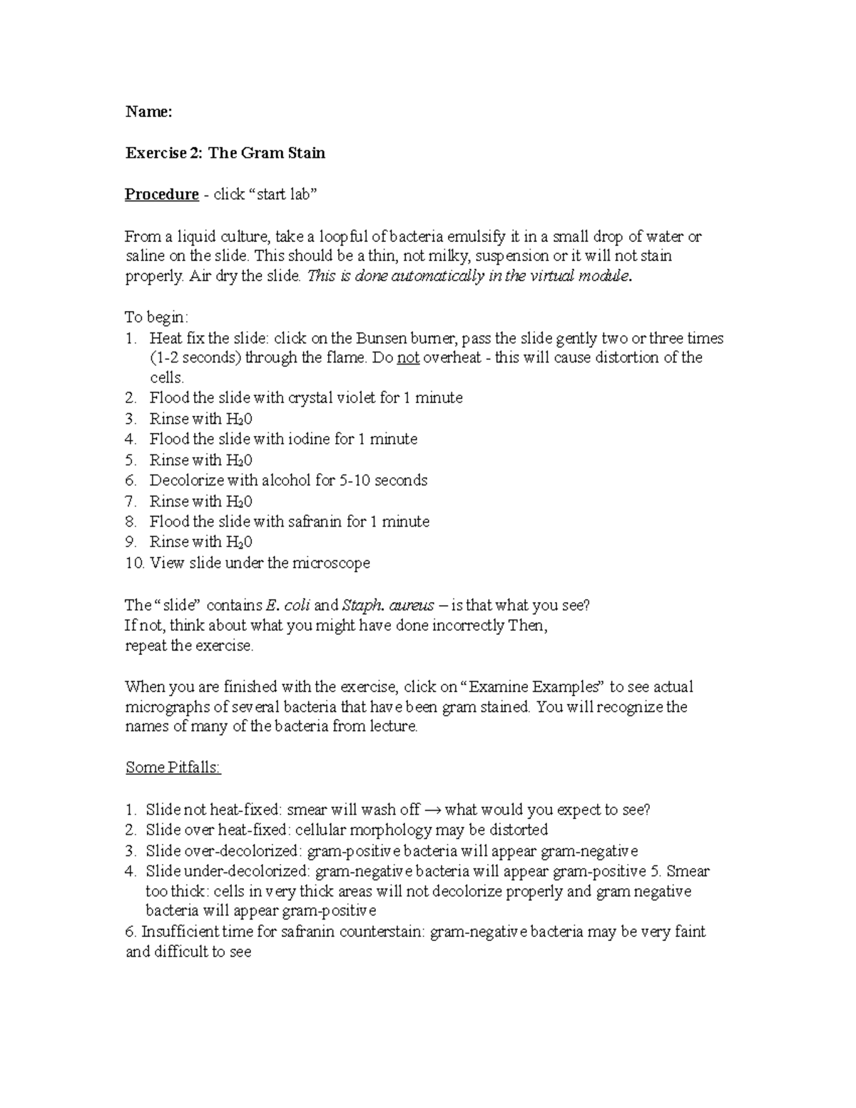 Lab activity 3. Gram Stain - Name: Exercise 2: The Gram Stain Procedure ...