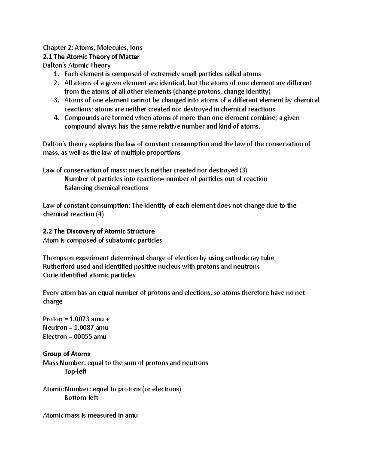 CH110 Ch2 - Chapter 2: Atoms, Molecules, Ions 2 The Atomic Theory of ...