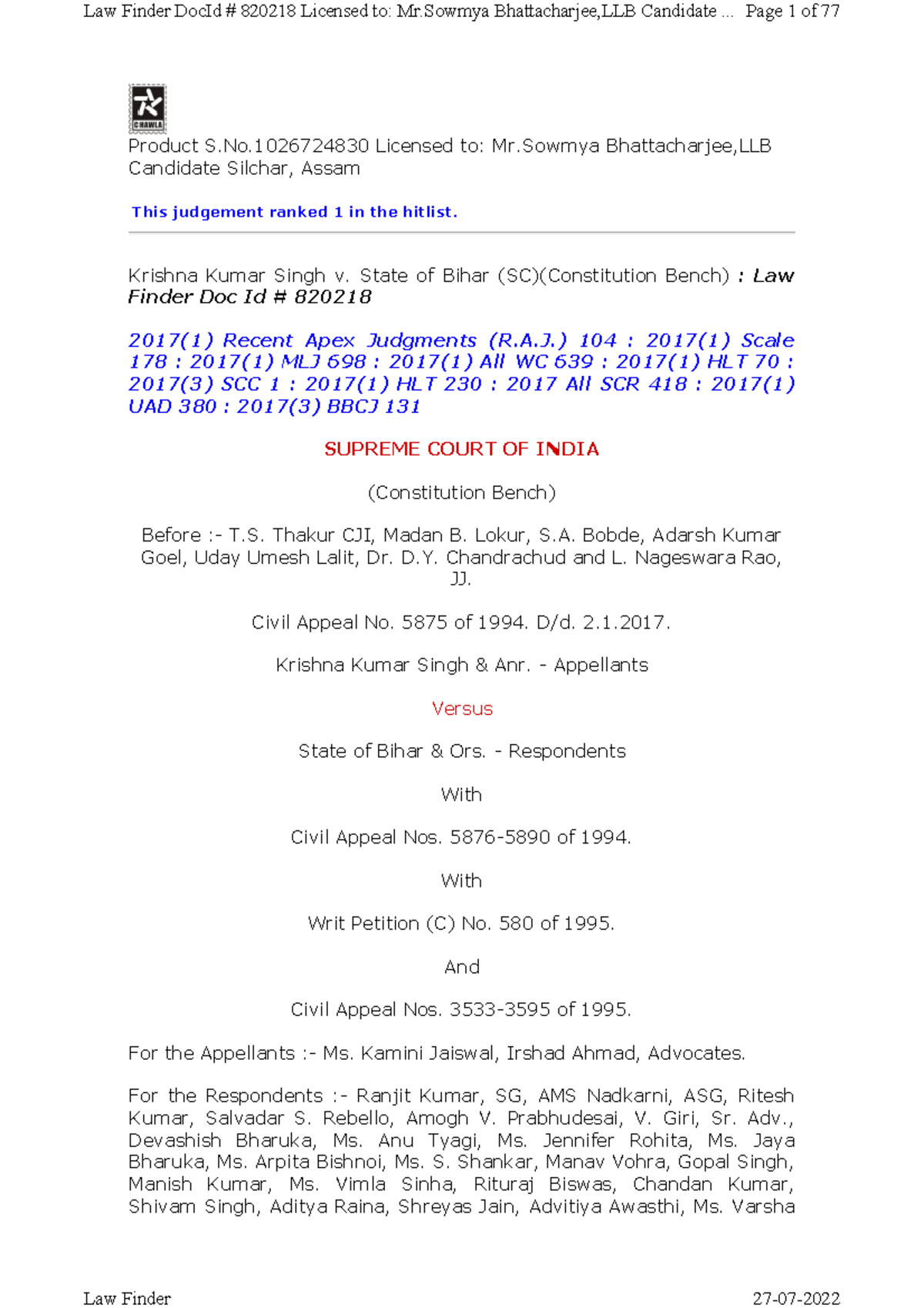 04. Krishna Kumar Singh v State of Bihar [2017 (3) SCC 1] - Product S.No Licensed to: Mr - Studocu
