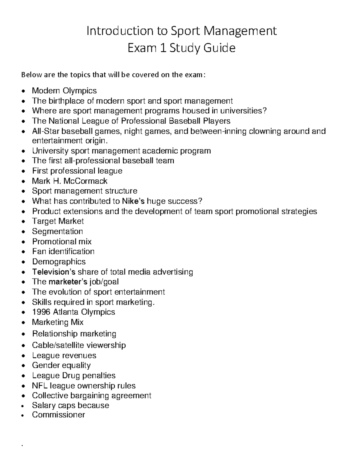 ISM Study Guide Test 1 - Some noted - . Introduction to Sport ...