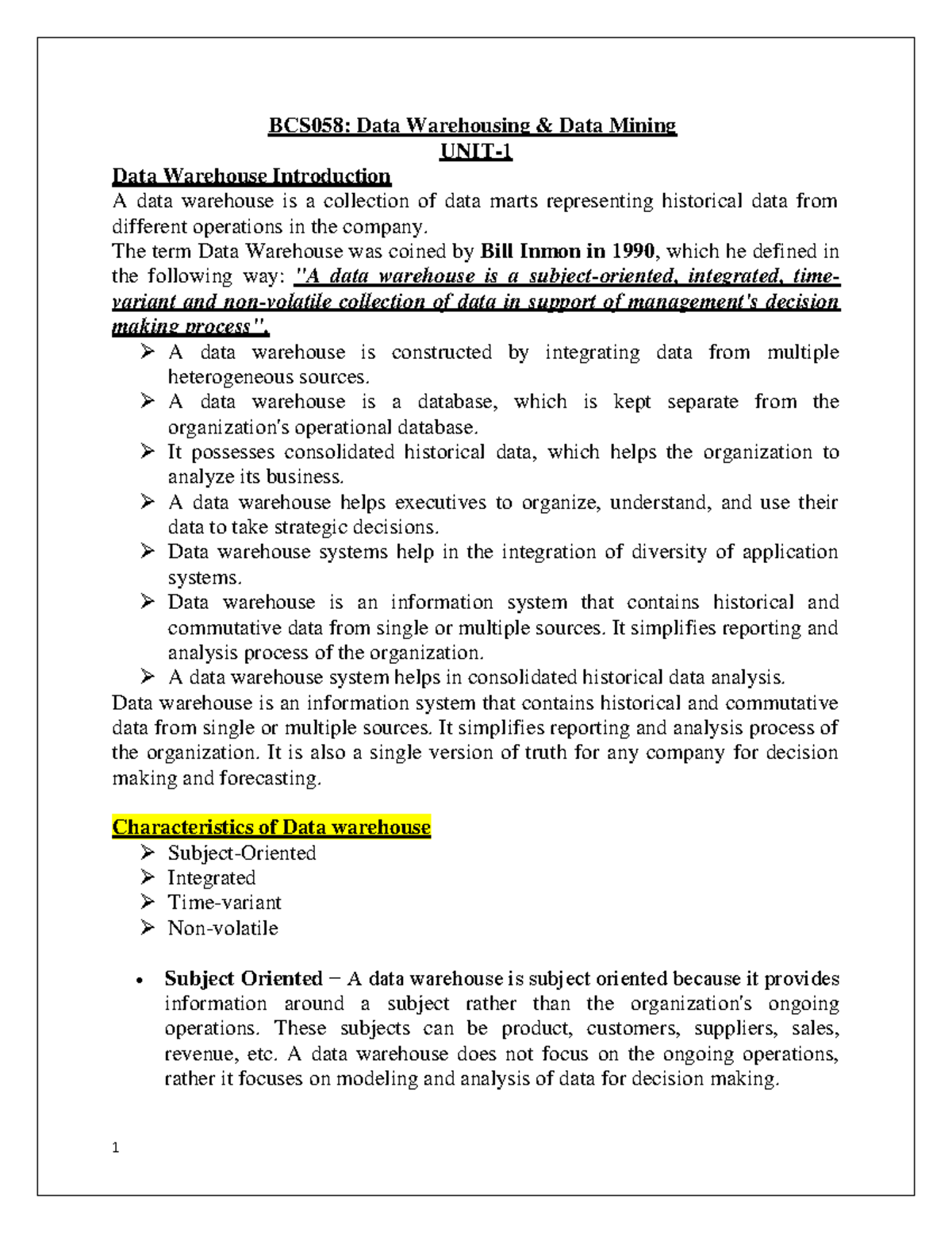 Data Warehouse unit 1 - This is a practice material to grab the ...