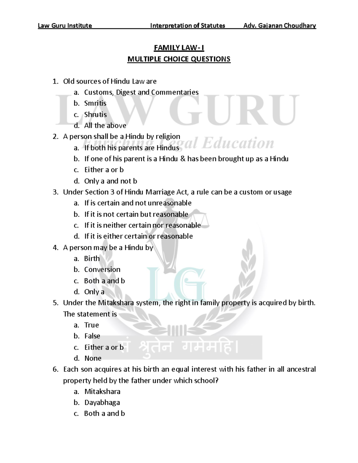 MCQ - Family Law I - FAMILY LAW- I MULTIPLE CHOICE QUESTIONS Old ...